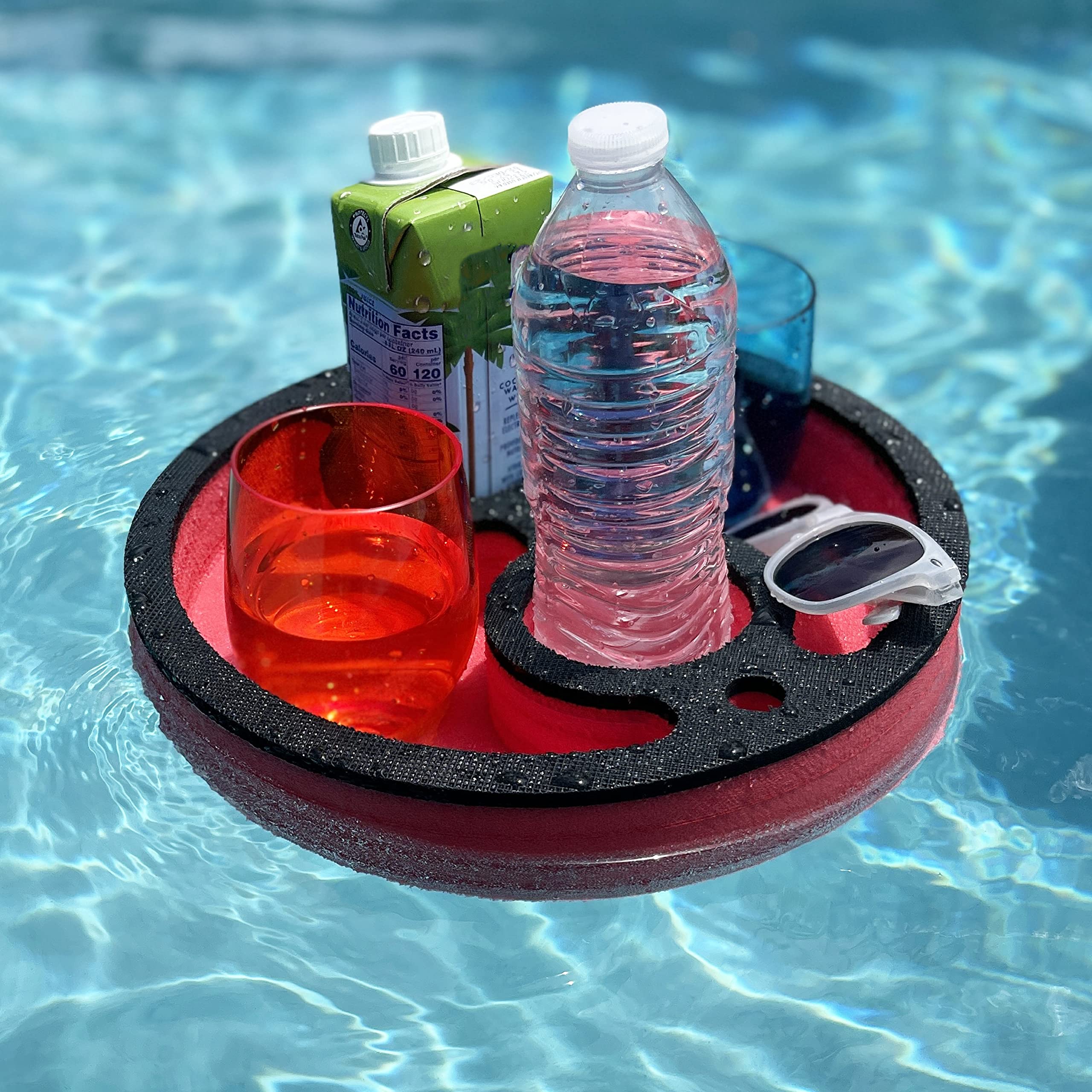 Polar Whale Floating Red and Black Round Spa Hot Tub Bar Drink and Snack Table Blue Refreshment Tray for Pool or Beach Party Float Food Lounge Durable Foam 11.75 Inches