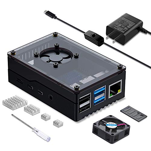 Smraza for Raspberry Pi 4 Case, Raspi 4B Case with Cooling Fan 35MM, 4pcs Heatsinks, 5V 3A USB-C Power Supply for Raspberry Pi 4 Model B RPI 4 8GB/4GB/2GB/1GB