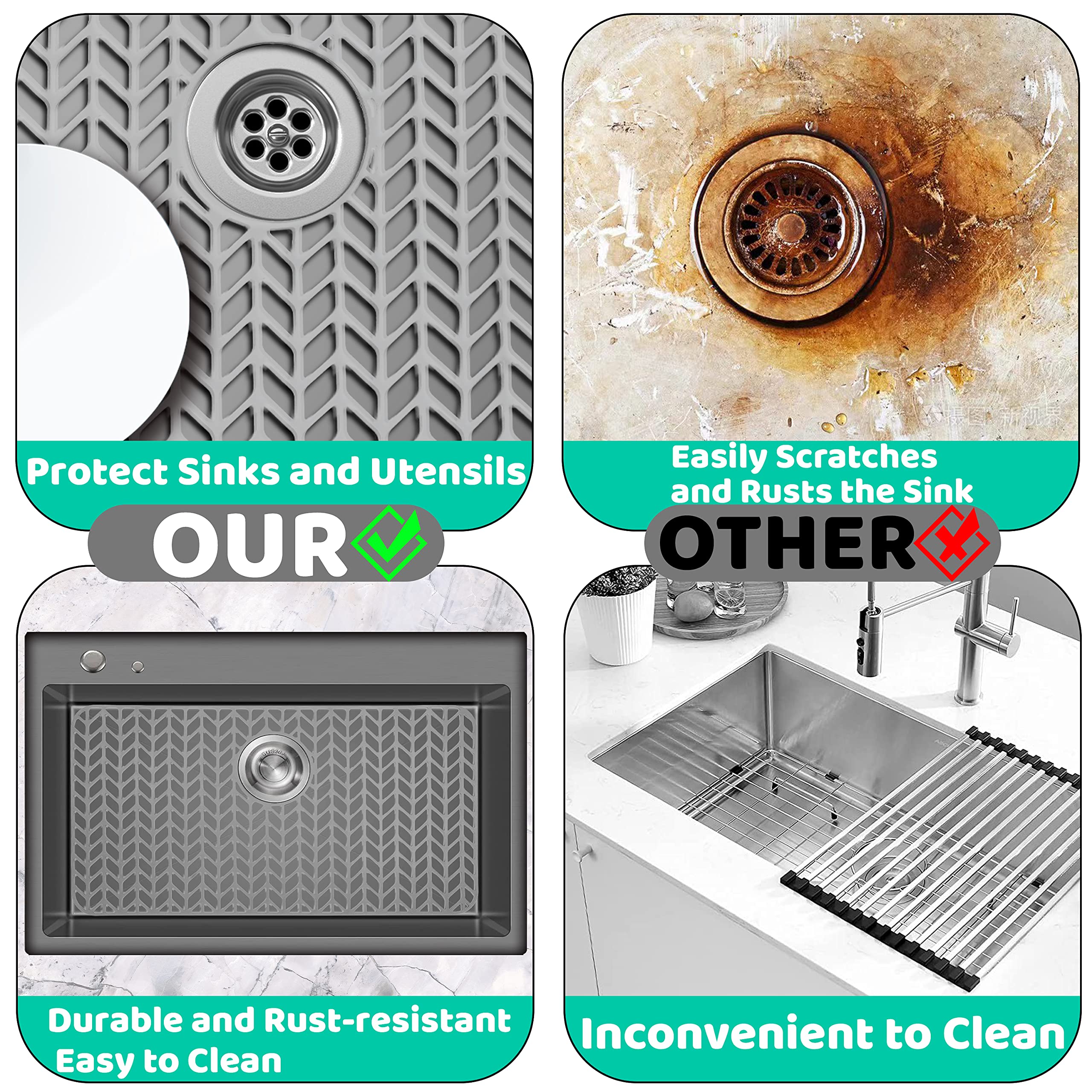 Sink Silicone Protector for Kitchen Sink 26''x14'' ,Back Drain Kitchen Sink Grid Fitting, Heat Resistant Non-Slip, Farmhouse Stainless Steel Porcelain Sink Bottom Sink Mat