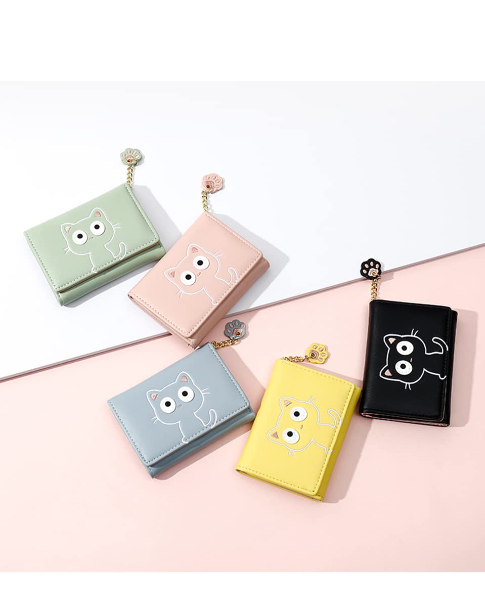 Sunwel Fashion Cute Little Cat Pattern Small Wallet Credit Card Holder Cash Pockets ID Window with Paw Pendant (BLACK, Tri-fold)
