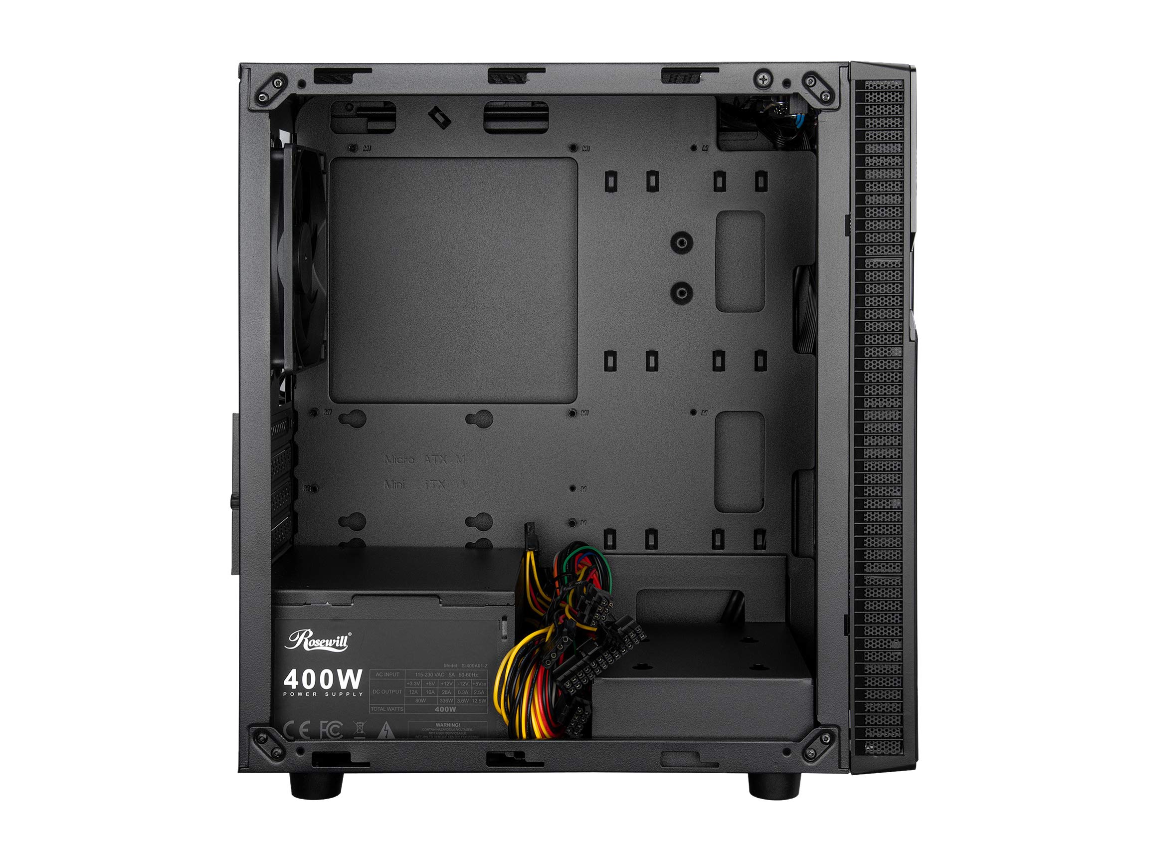 Rosewill FBM-X2-400 Micro ATX Mini Tower Computer Case with 400W PSU Included, Sleek and Simple Quiet Style Gaming Desktop PC, 240mm AIO Support, Top I/O USB 3.0