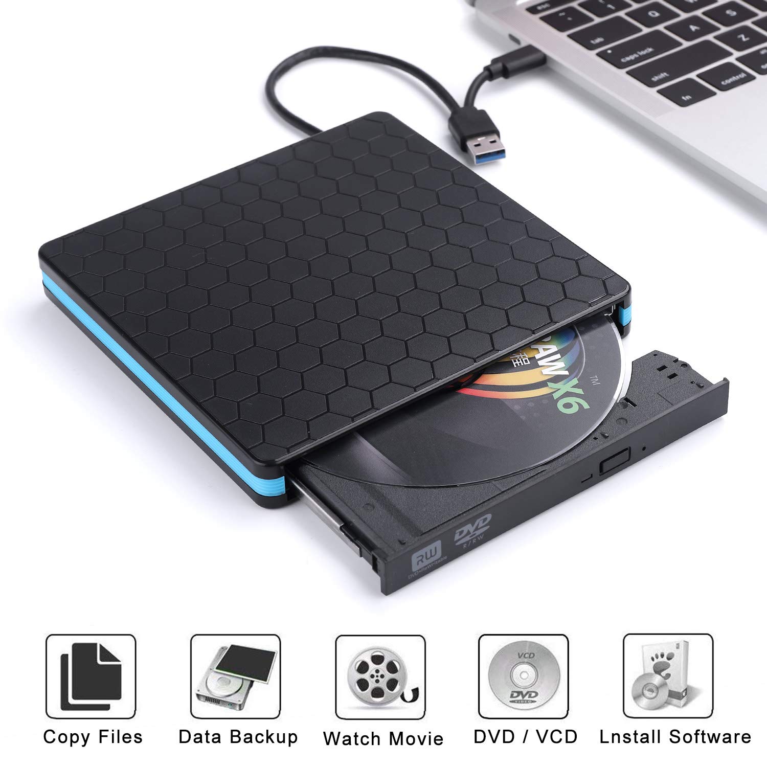 Smyidel External CD DVD Drive USB3.0/Type-C, Portable CD DVD +/-RW Optical Drive Burner (Foot Ball Appearance DVD)