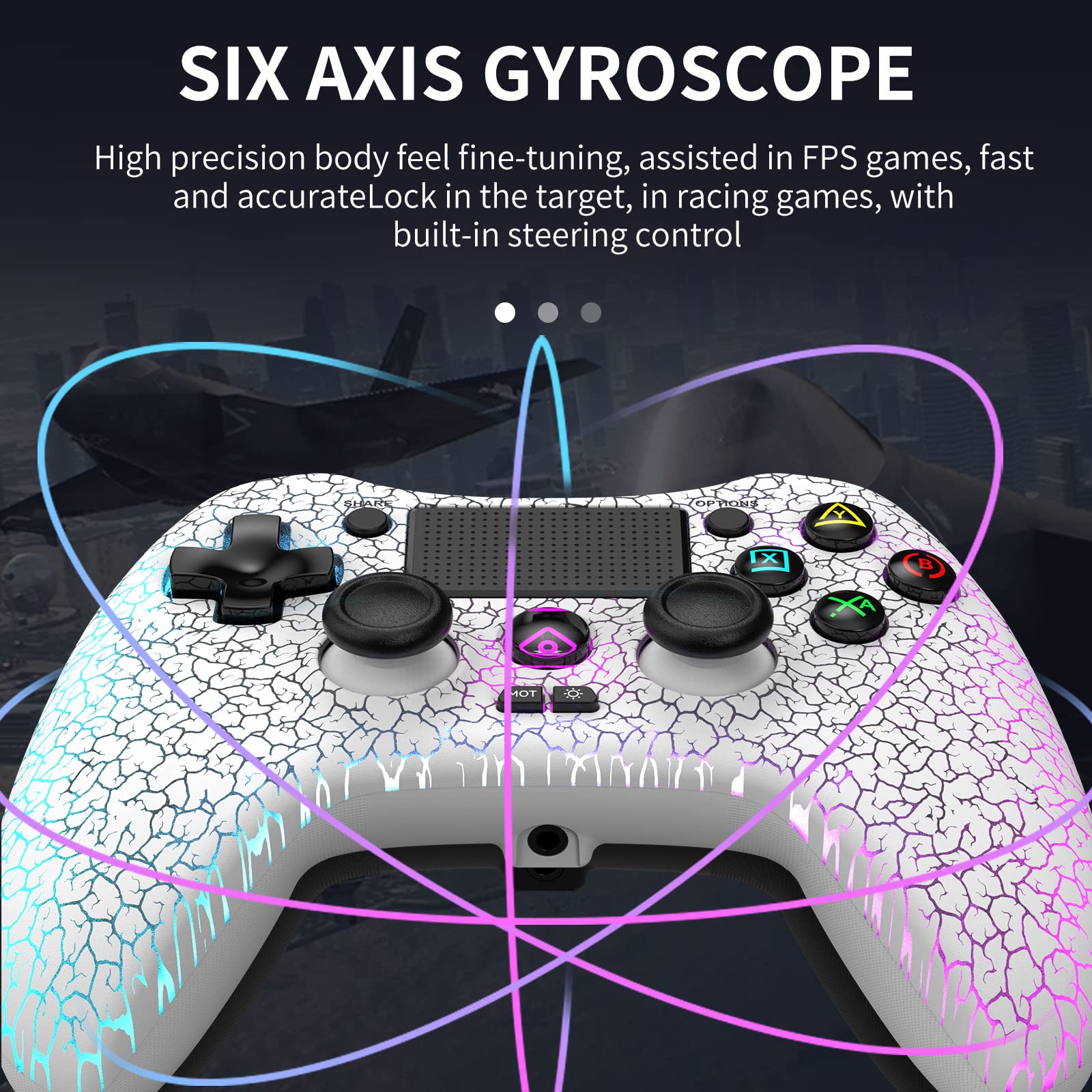 RALAN Wireless Controller with 8 Color Adjustable LED Lighting Compatible with PS4 Pro/Slim/for PS4 Controller Dualshock 4, with Headphone Jack for FPS Game (White)