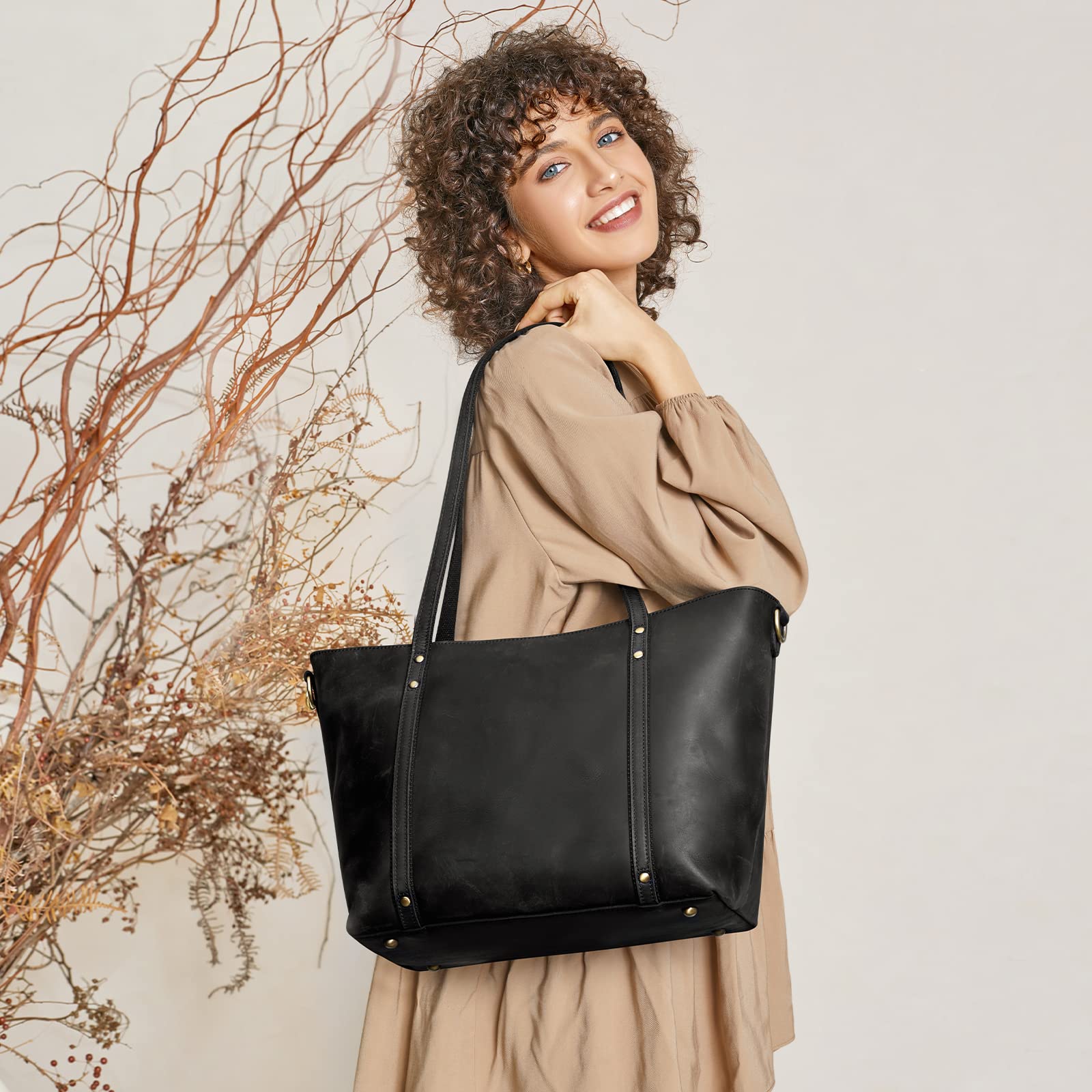 S-ZONE Genuine Leather Tote Bag for Women Vintage Shoulder Handbag Purse with Crossbody Strap Medium