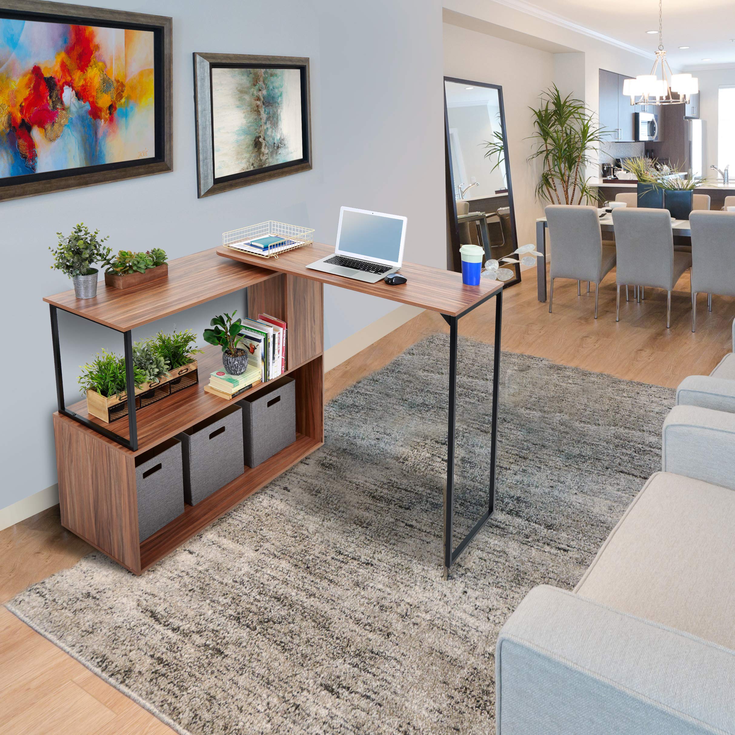 Stand Steady Joy Rotating Standing Desk L-Shaped Stand Up Desk for Home Office | Corner Computer Workstation with Storage Shelves | Space-Saving Swivel Desktop for Corners
