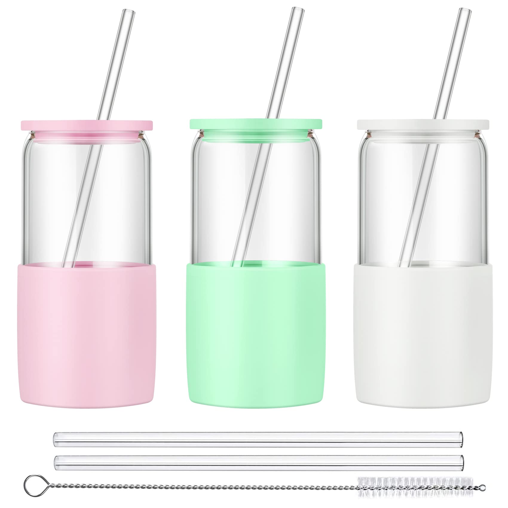 Sunseeke Glass Tumbler with Straw and Lid, 16oz Ice Coffee Cup, Silicone Sleeve Cleaning Brushes, Drinking Glasses for Water, Iced Coffee, Smoothie - BPA Free -3 Pack