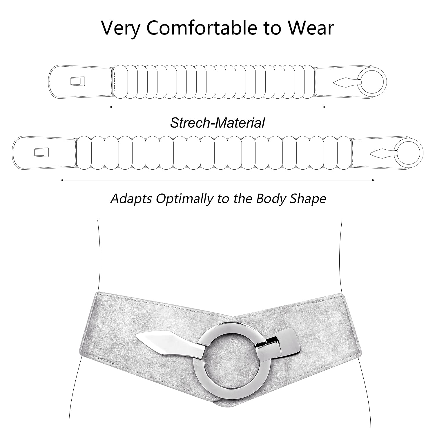 SUOSDEY Women Fashion Wide Elastic Belt Stretch Waist Belt with Easy Silver Buckle for Dresses,black,S