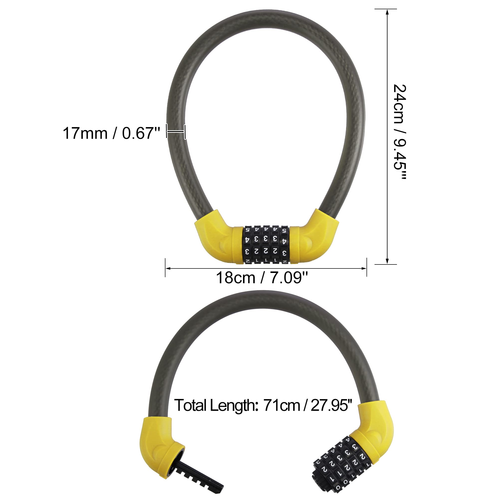 X AUTOHAUX 71cmx17mm Security Portable 5 Digit Resettable Combination Bike Cable Lock Yellow