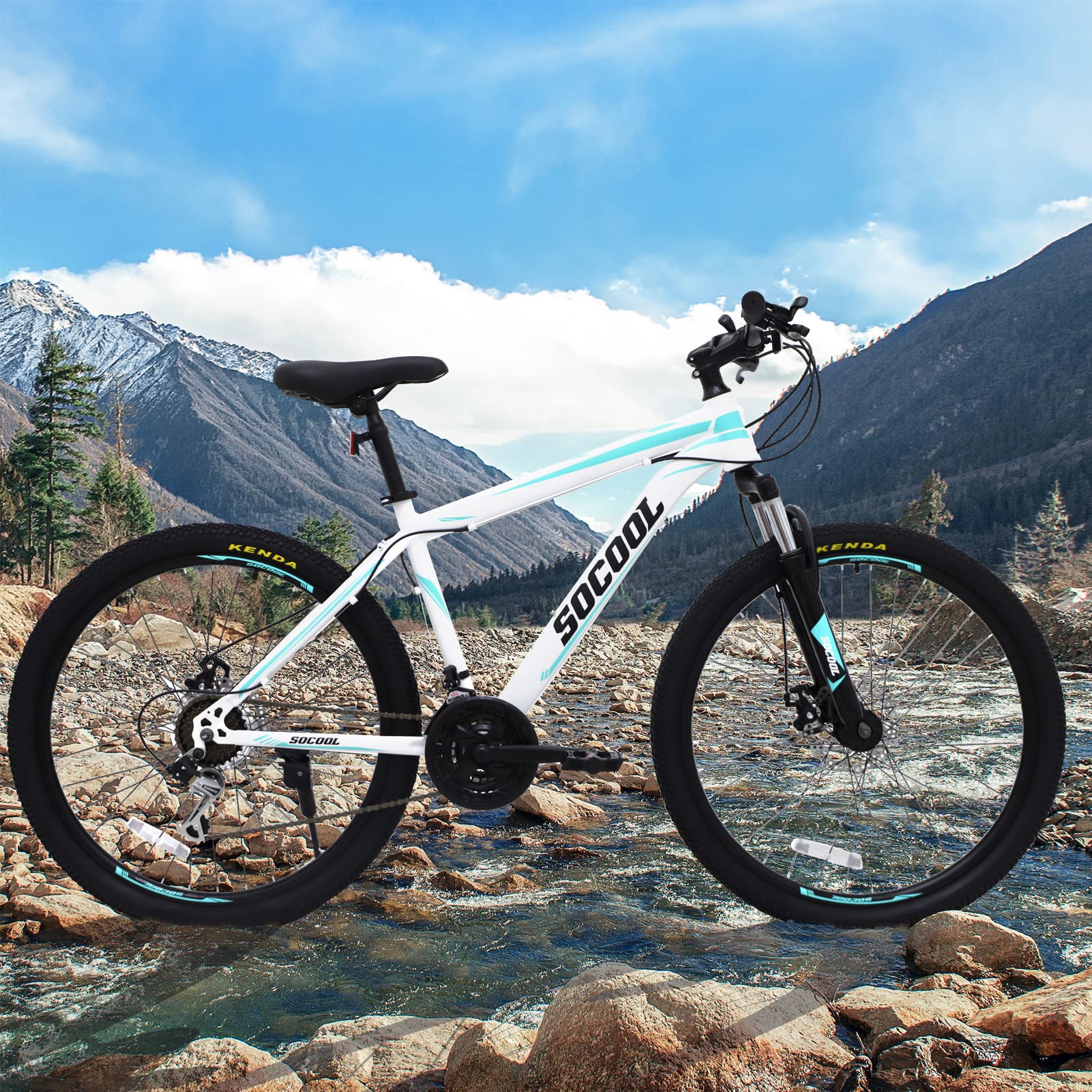 SOCOOL Mountain Bike, 26 inch, 21 Speed with Dual Disc Brakes, Alloy Steel Frame, White Frame+Black Word, for Men Women