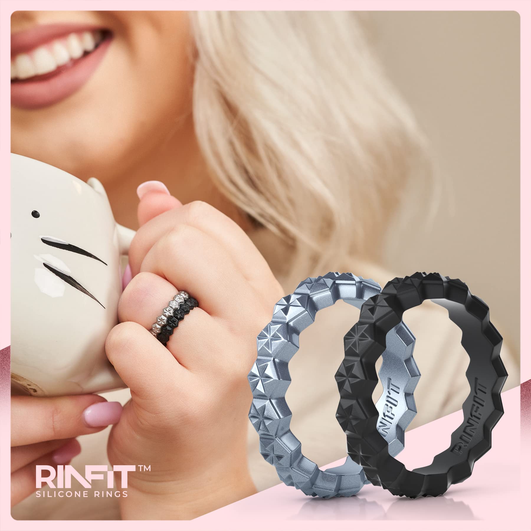 Rinfit Silicone Rings for Women - Women's Thin and Stackable Wedding Bands - Rubber engagement rings - Stars collection - 3 Black, Size 5