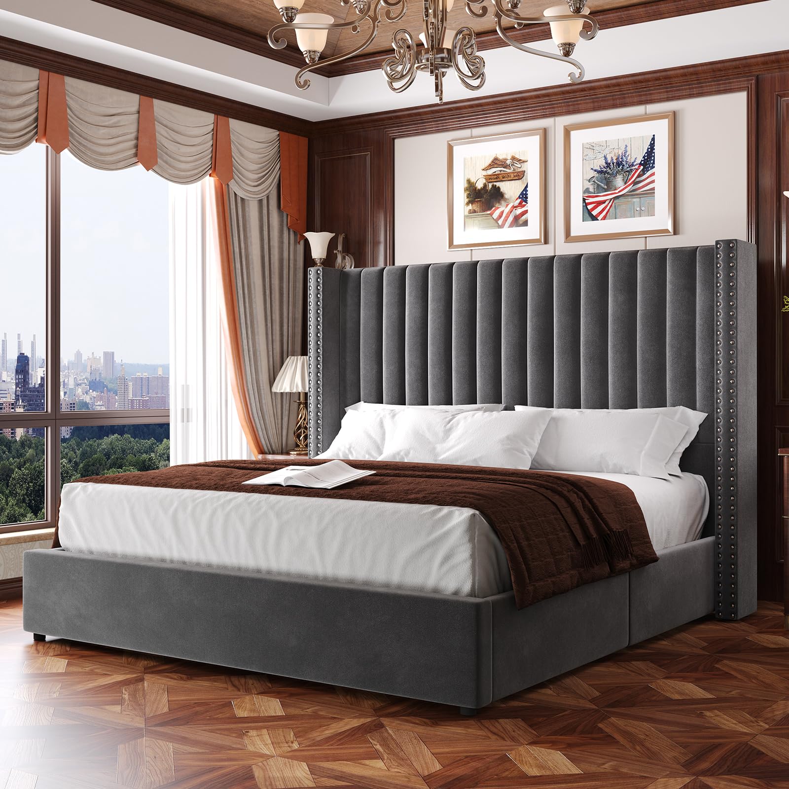 PaPaJet Queen Size Velet Upholstered Bed Frame Lift Up Storage Bed, Morden Wingback Bed Frame Platform with Storage Underneath/No Box Spring Needed/Easy Assembly/Grey