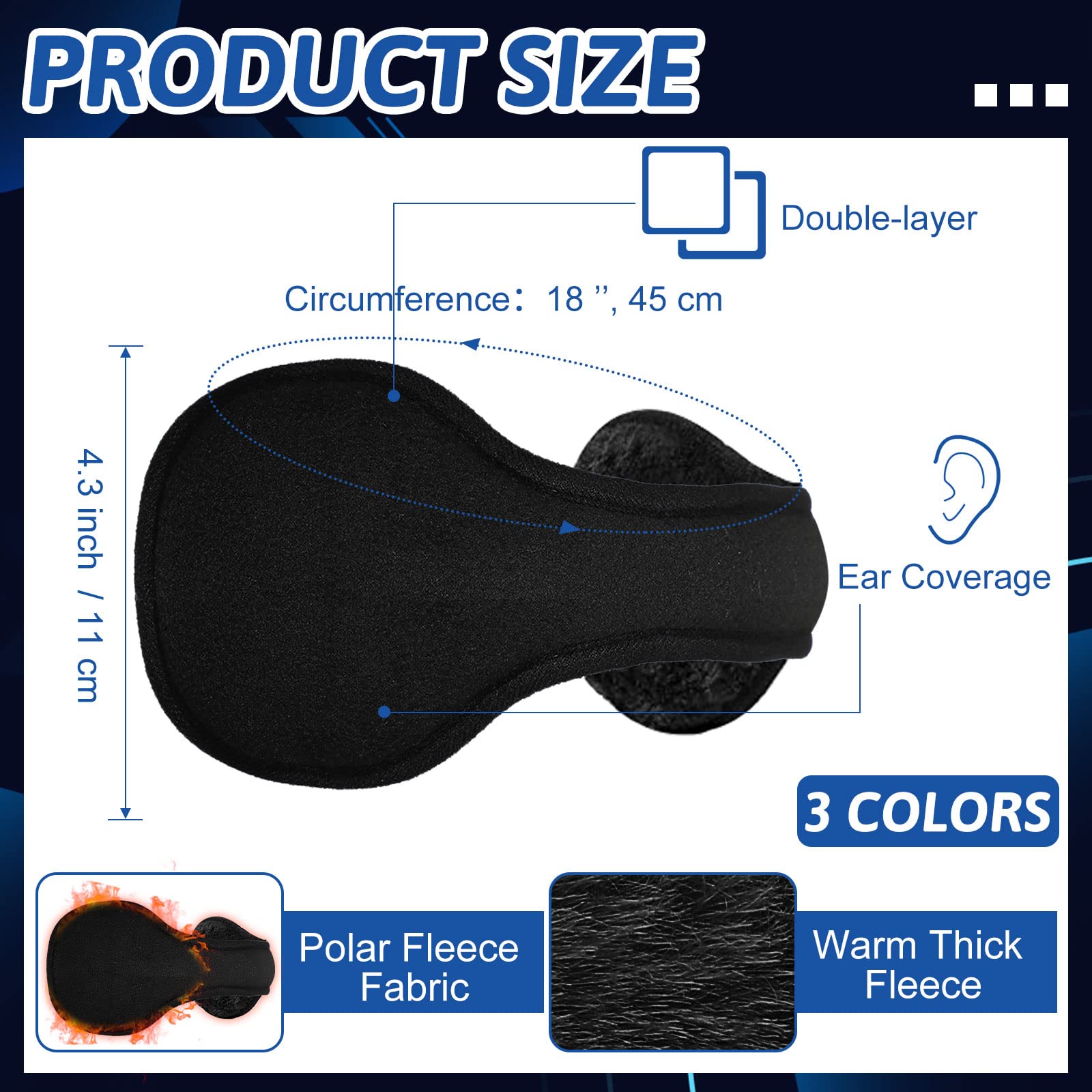 Winter Ear Muffs Unisex Foldable Ear Muffs Winter Ear Warmers Fleece Knits Behind the Head Ear Covers for Women Men Cold Weather (Black, 3 Pack)