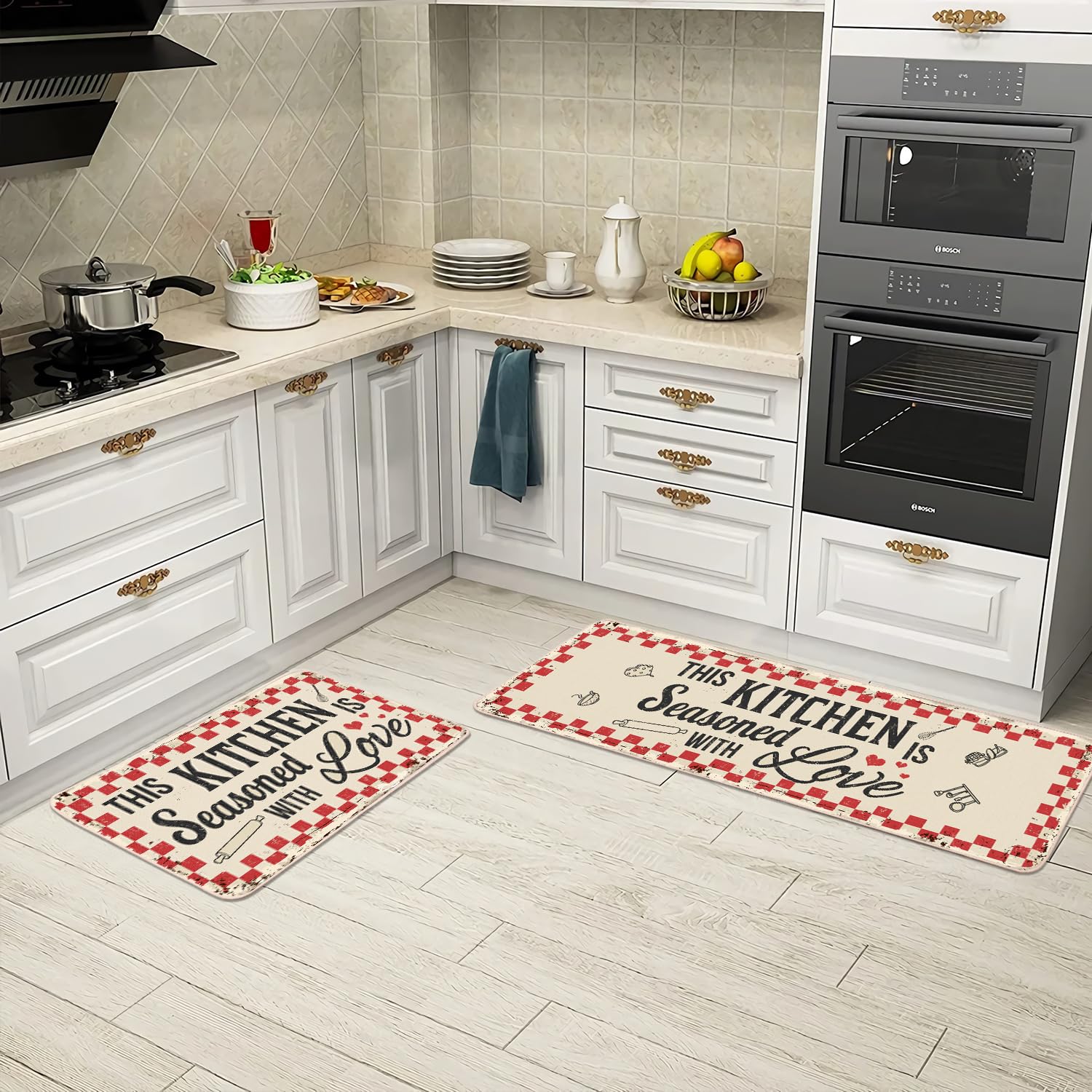 YOUWOUS The Kitchen is Seasoned with Love Kitchen Mats Set of 2-17x29 and 17x47 Inch, Decorative Non Slip Backing Floor Mat for Home Kitchen Red