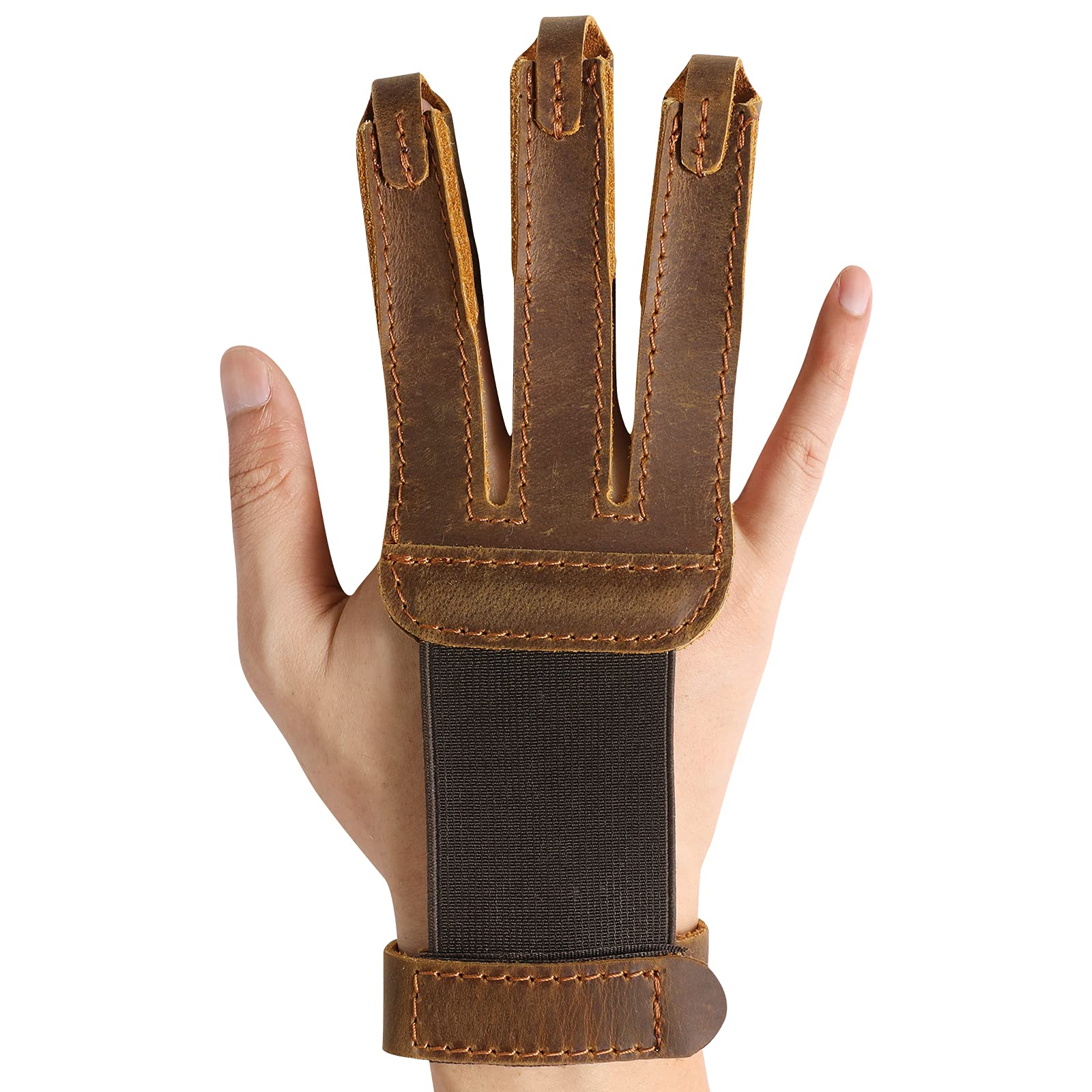 RingSun Archery Glove Three Finger Genuine Leather Protective Glove for Youth & Adult, Archery Protective Gear Accessories Archery Shooting Glove RS71, Brown