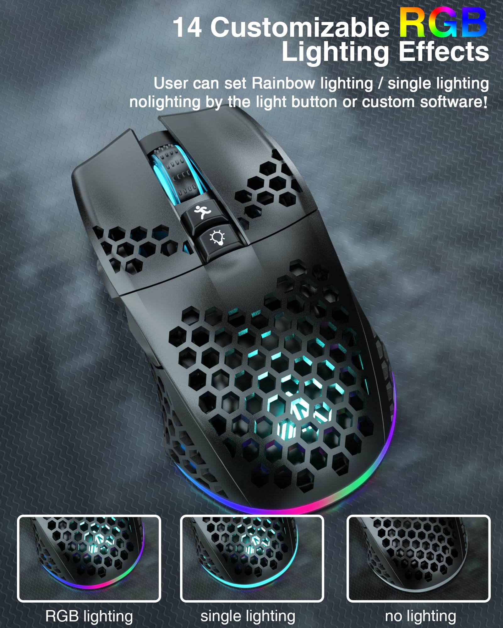 SOLAKAKA Lightweight Wireless Gaming Mouse Bluetooth with Honeycomb Shell, Side Buttons, RGB Lights, (2.4G/BT5.0) Ergonomic Optical Rechargeable Computer Mice for Windows PC/Mac - Black