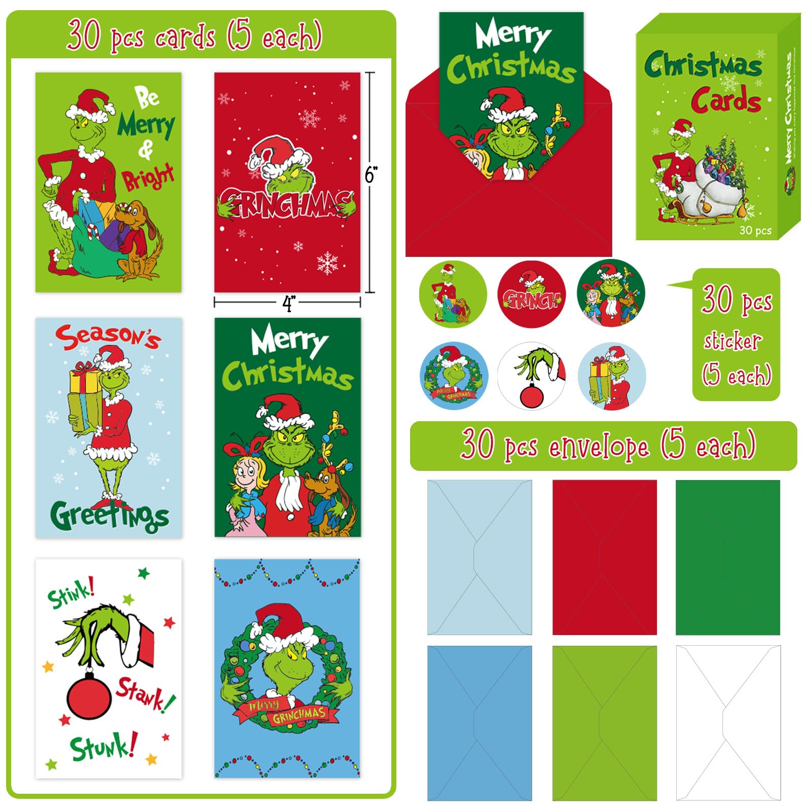 RINOLY Set of 30 Christmas Cards Bulk Boxed with Envelopes and Stickers,6 Assorted Designs Christmas Cards, Holiday Christmas Greeting Cards Bulk-4x6 inch