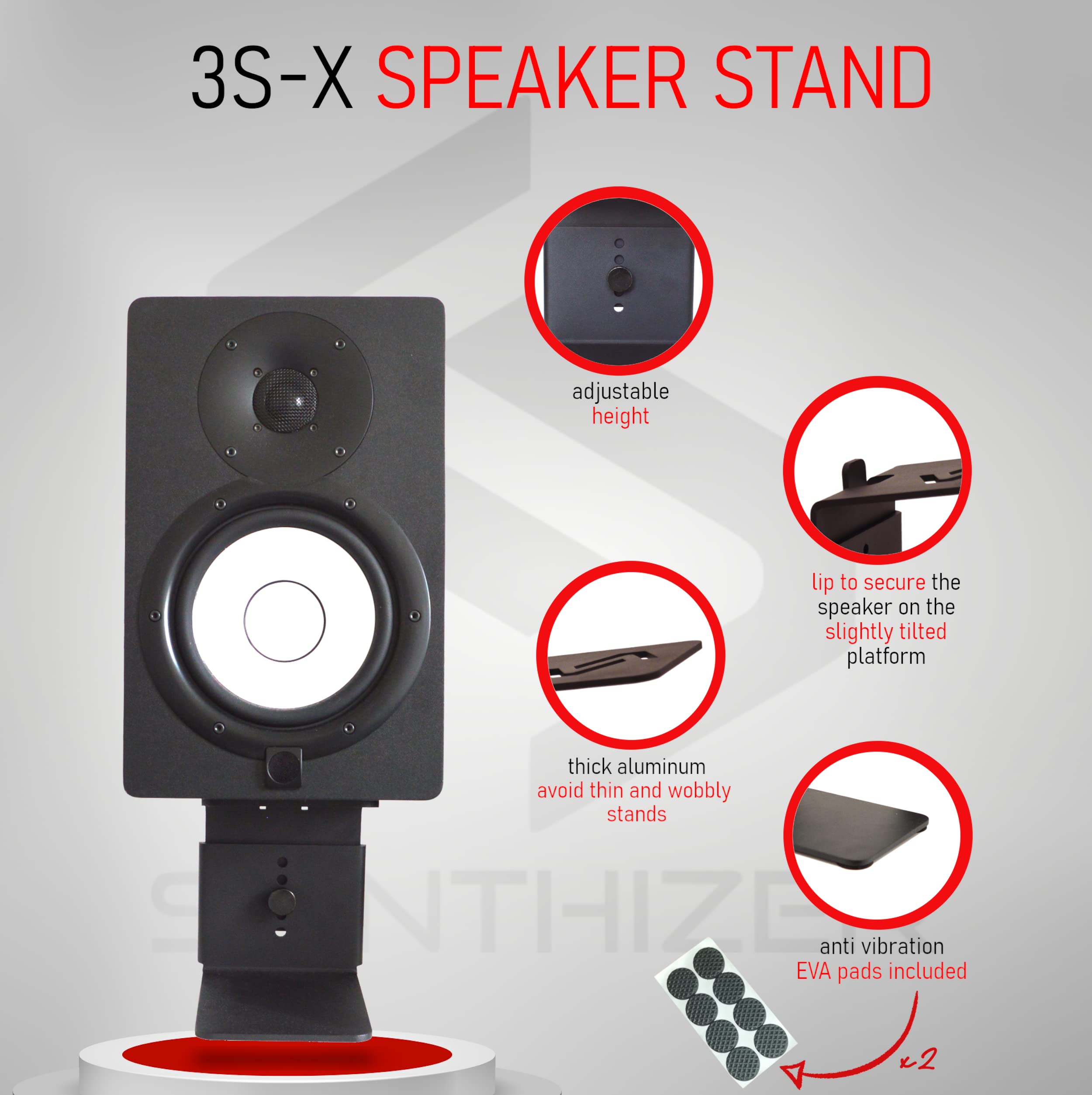Synthizer Desktop Speaker Stands, Pair of Adjustable Monitor Speaker Riser up to 20lbs Capacity per Desk Speaker Stand with Small Audio Isolation Pads Included (Black)