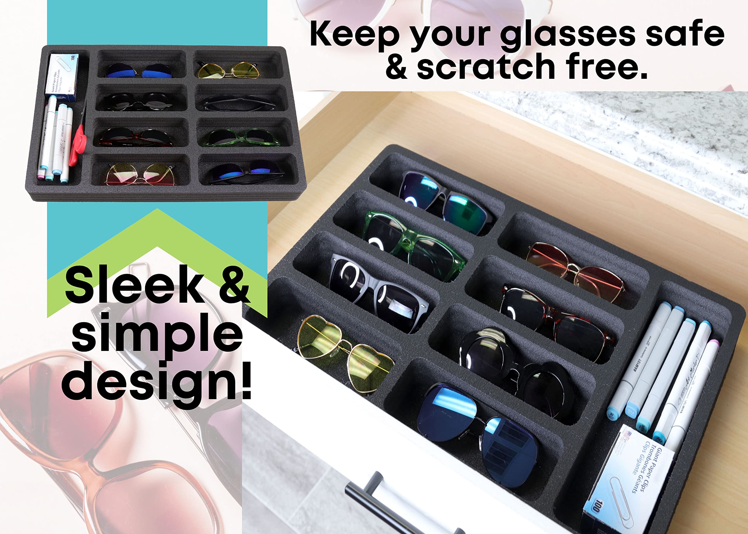 Polar Whale Sunglasses Drawer Organizer Tray Insert for Home Bedroom Bathroom Vanity Dresser Counter Table Waterproof Washable Black Foam 9 Compartment 20 x 12.75 Inches