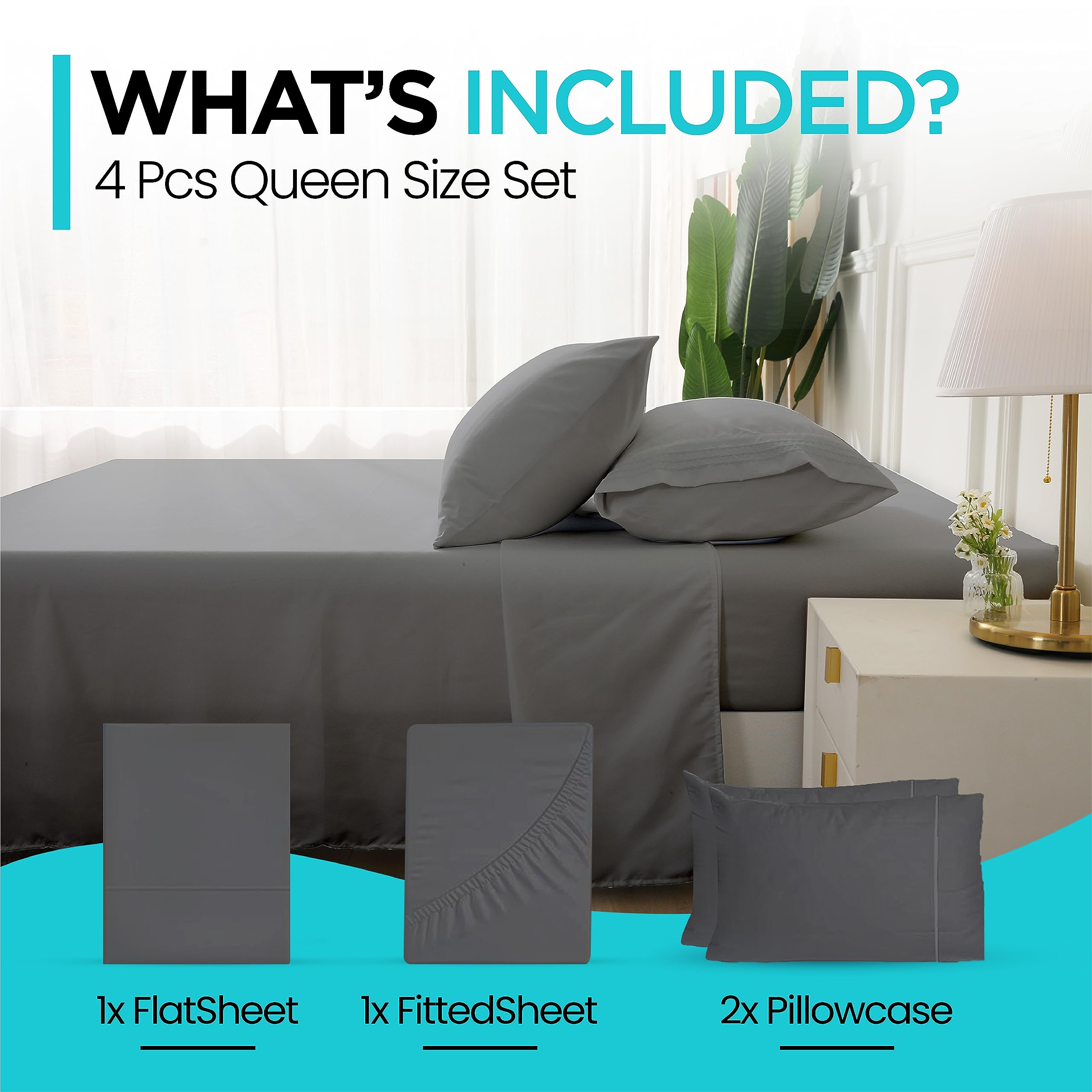 Queen Size Sheet Set Dark Grey Bed Sheet 4 PC Luxury Hotel Set Cooling Deep Fitted Pocket Buffy Sheet Adjustable Soft Beding Breathable Linen Microfiber High Thread Count Easy Care Bedroom Decor