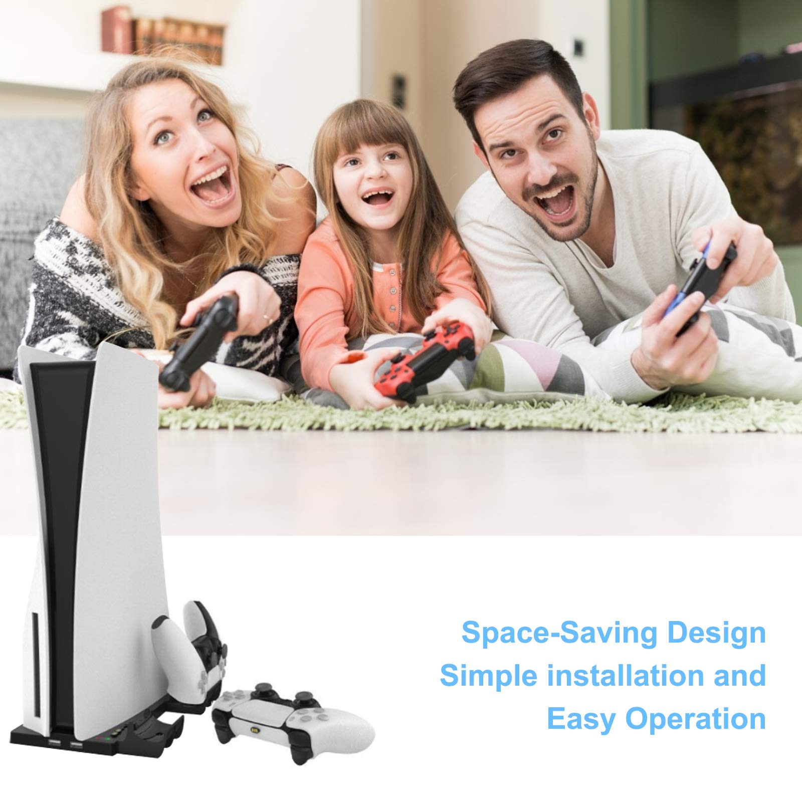 Storage Stand for PS5 Console and PS5 Controller with Dual Sense Controller Charger Dock, LED Indicator and 13 Game Slots, Black