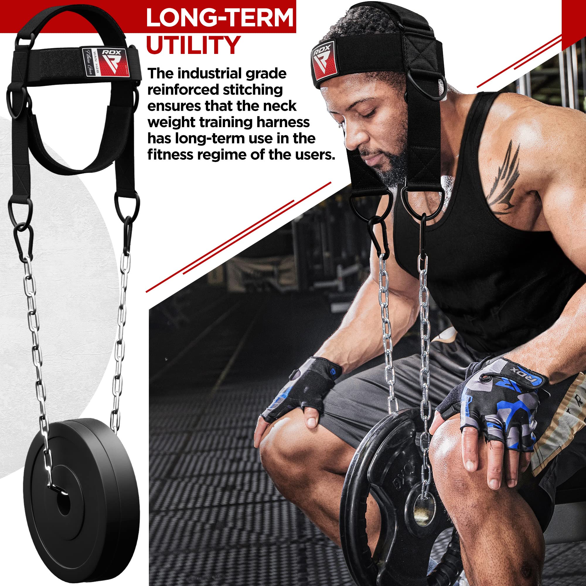 RDX Neck Harness Weight Lifting Training, Head Harness Exerciser, 90CM Long Adjustable Steel Chain, 4MM Padded Neck Builder, Gym Boxing Strength Resistance Workout, Strengthener Trainer Men Women