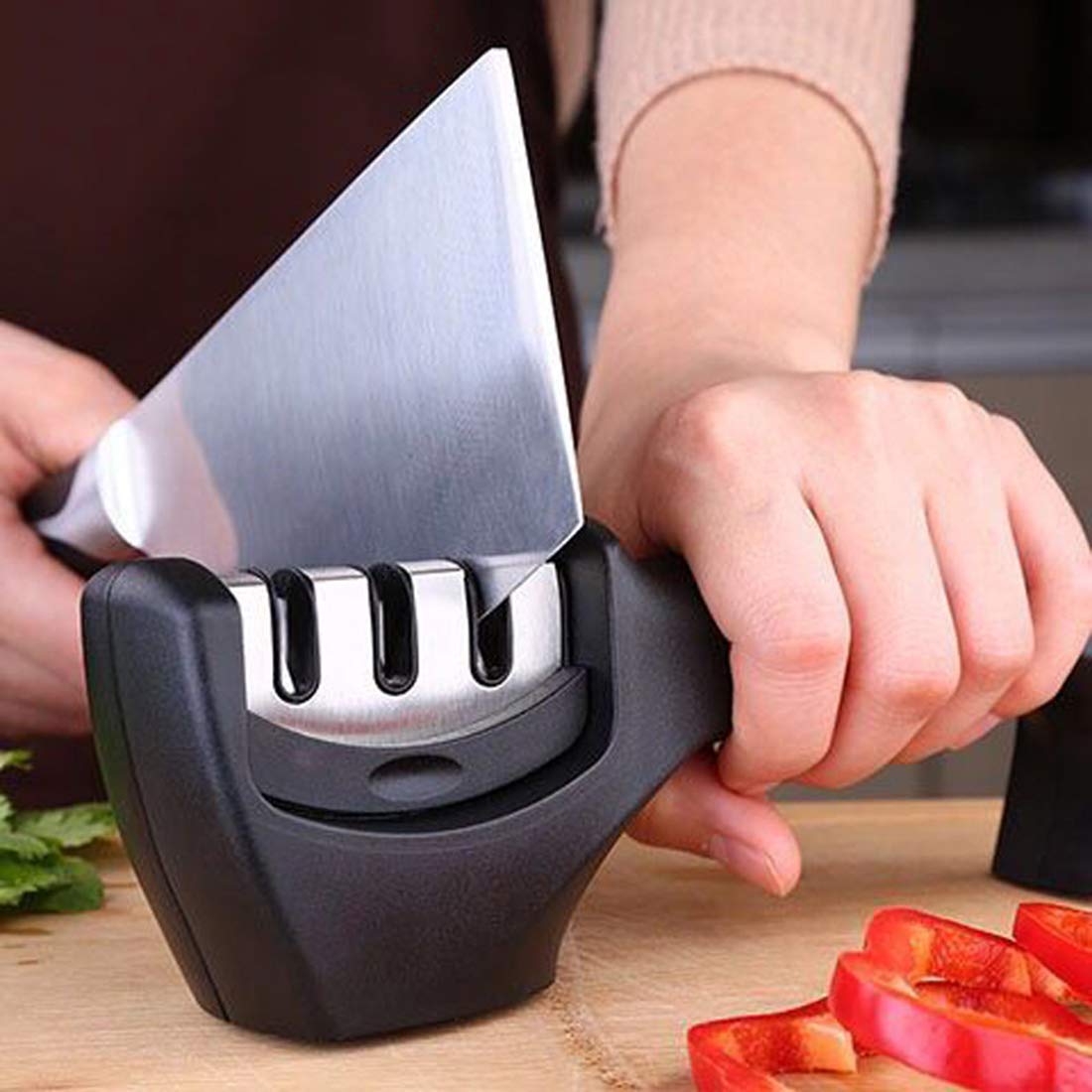 SHARP KNIFE SHARPENER - Professional 3 Stage Manual Sharpener for Sharpening Kitchen Knives- Ceramic Stone, Tungsten Carbide Plate, Diamond Rod Ergonomic Design