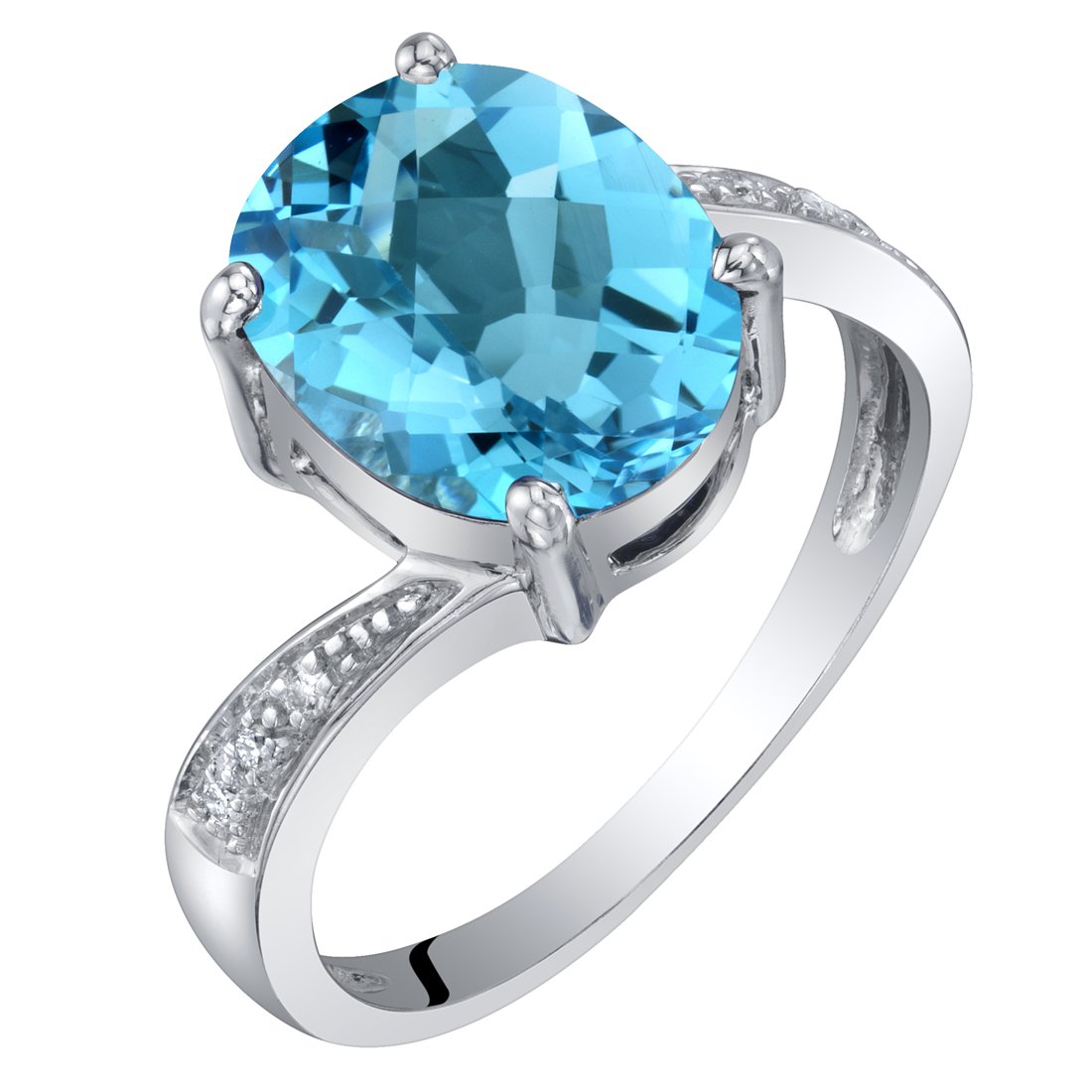 PEORA 14K White Gold Genuine Swiss Blue Topaz and Diamond Solitaire Ring 3 Carats Oval Shape Size 7