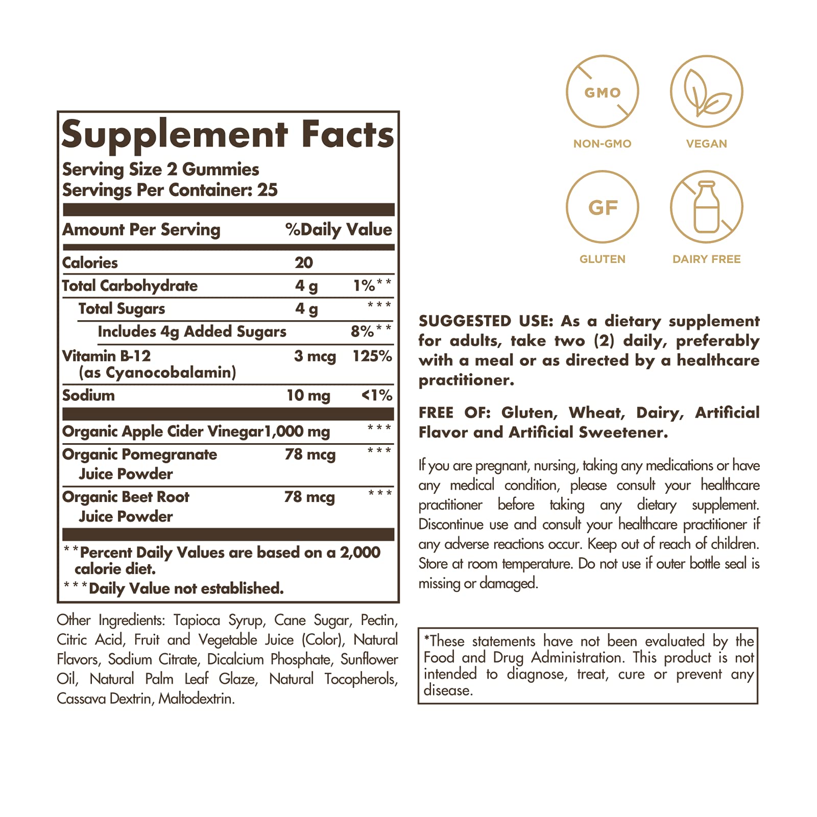 Solgar Apple Cider Vinegar 1000 mg Gummies, Great-Tasting Raspberry Pomegranate Flavor, Plus Vitamin B12, Supports Energy Metabolism, Non-GMO & Vegan, 25 Servings, 50 Count