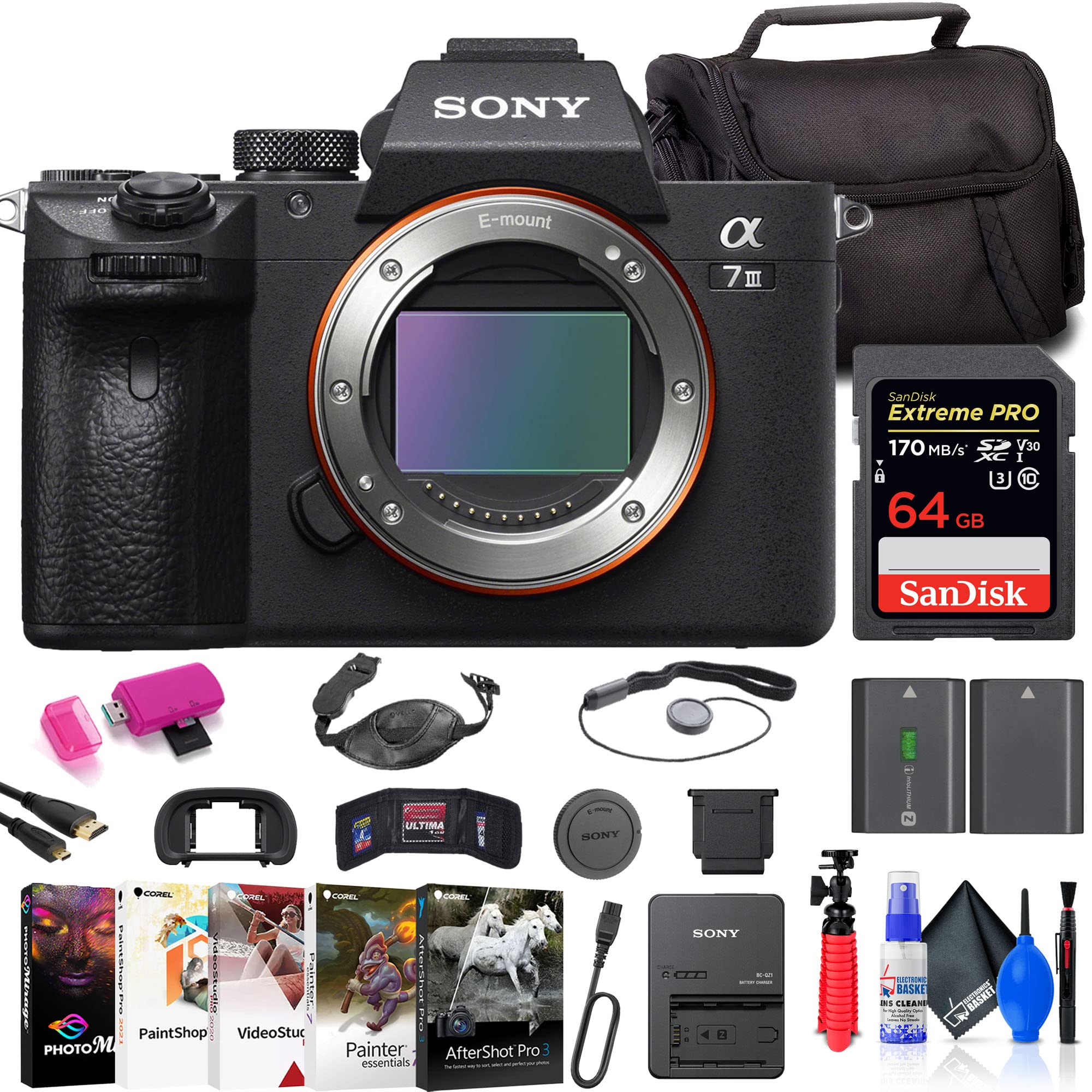 Sony a7 III Mirrorless Camera (ILCE7M3/B) + 64GB Memory Card + Bag + NP-FZ100 Compatible Battery + Card Reader + Corel Photo Software + Flex Tripod + Hand Strap + Memory Wallet + More (Renewed)