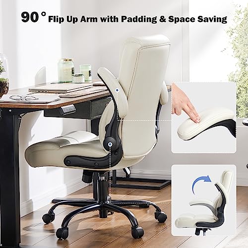 OLIXIS Executive Office Chair Ergonomic Mid Back with 360° Swivel Wheels, Computer Desk with Lumbar Support, Height Adjustable PU Leather with Flip-up Armrest, Beige White