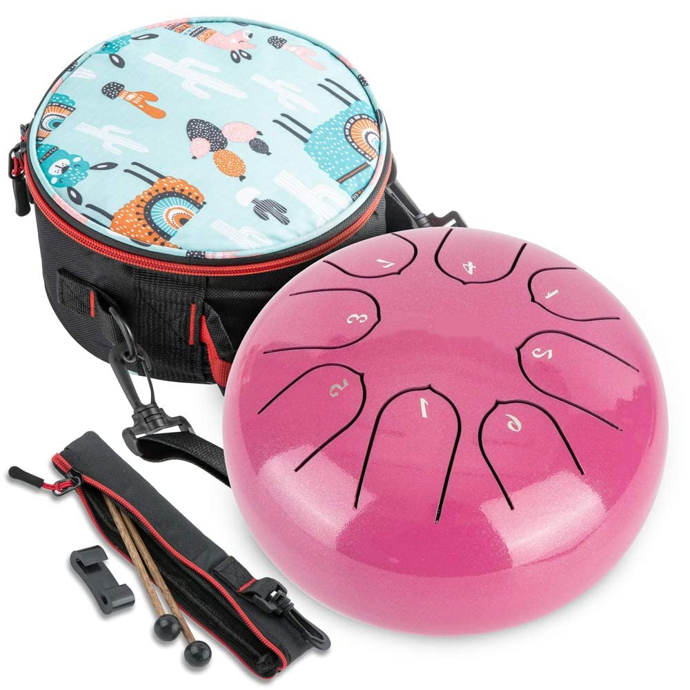 Steel Tongue Drum, Tongue Drum 6 Inch 8 Notes Hand Pan Drum C Key Meditation Drum Percussion Instrument with Bag, 2 Drumsticks, Finger Picks for Adults Kids Beginner - Pink