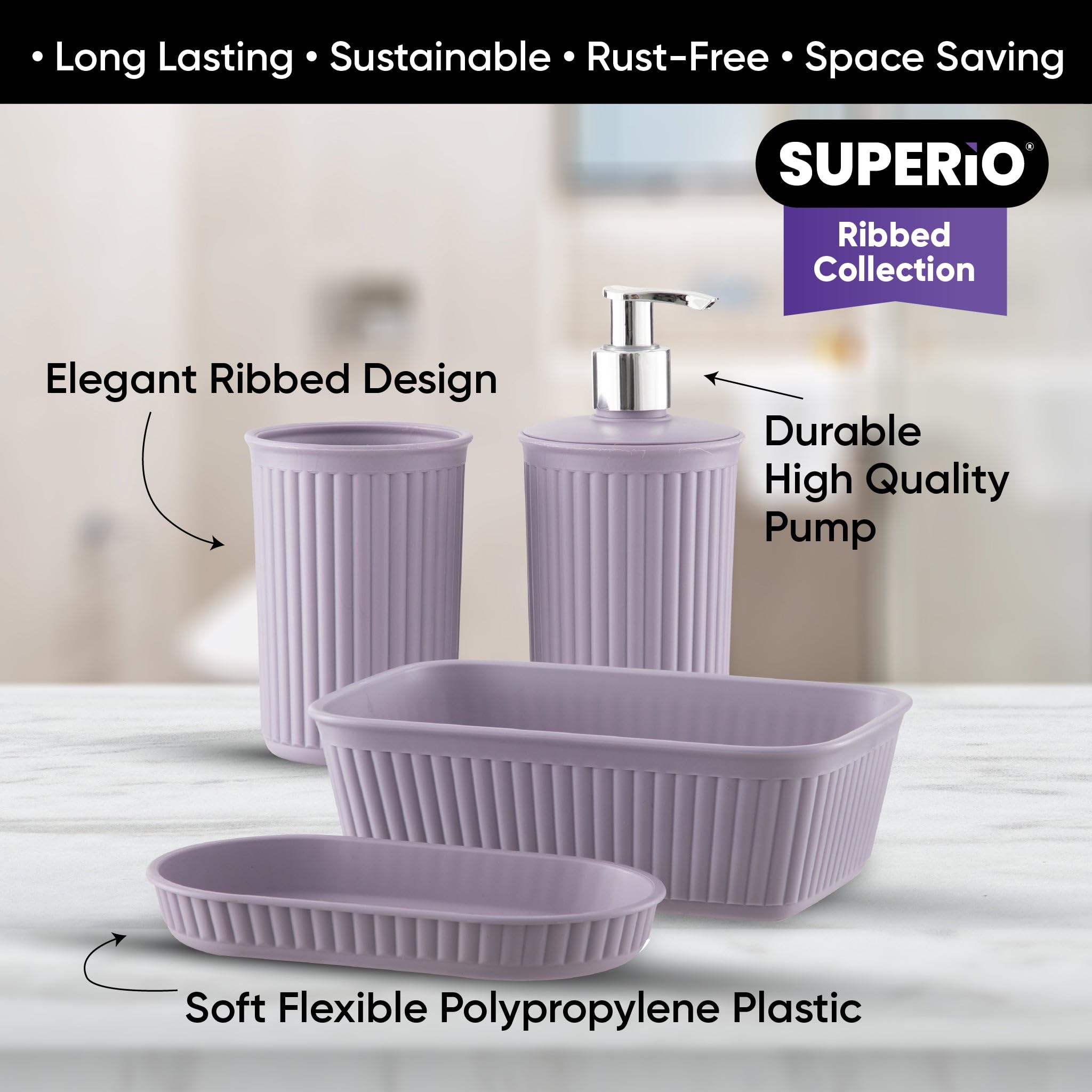 Superio Ribbed Collection - Decorative Plastic Bathroom Accessories Set, Lilac Purple (Set of 4) Soap Dish, Liquid Dispenser, Toothbrush Holder Cup, Vanity Organizer Tray - Bathroom Decor Gift