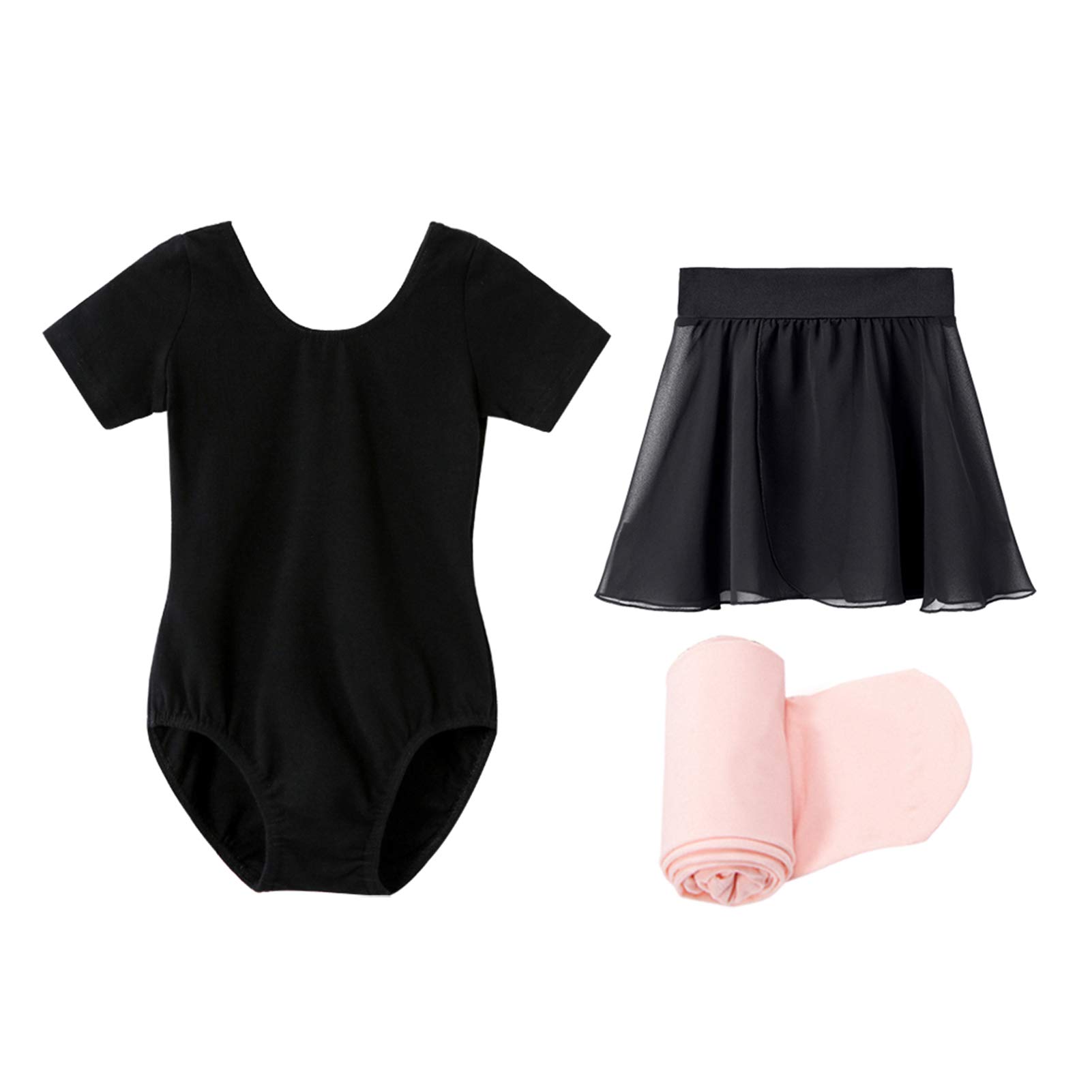 Stelle Girls Short Sleeve Active Dress Ballet Leotard Combo with Dance Skirt and Tight, Coordinated Outfit (02-Black (Pull On), 2-3T)