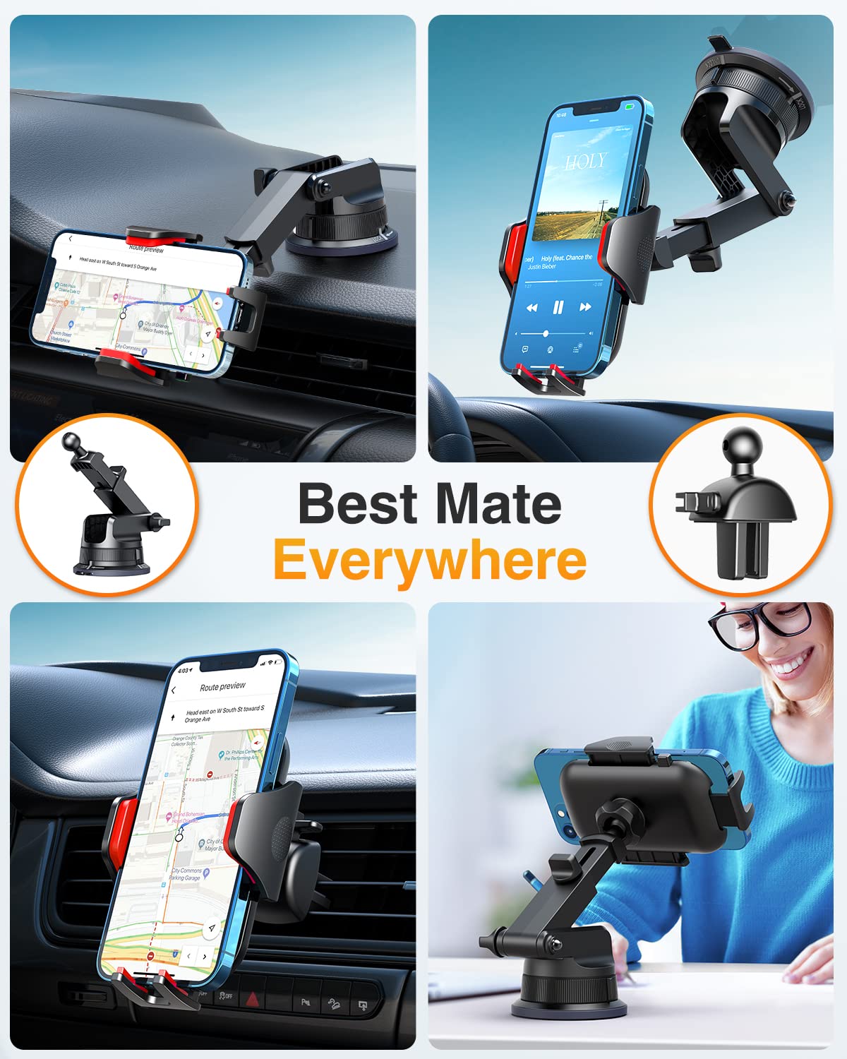 VANMASS [Pro Version] Universal Car Phone Mount [Super Suction Cup] Dashboard Phone Holder Stand, Handsfree Windshield Dash Vent Phone Holder Car, Compatible for iPhone 14 13 12 LG & Truck, Red
