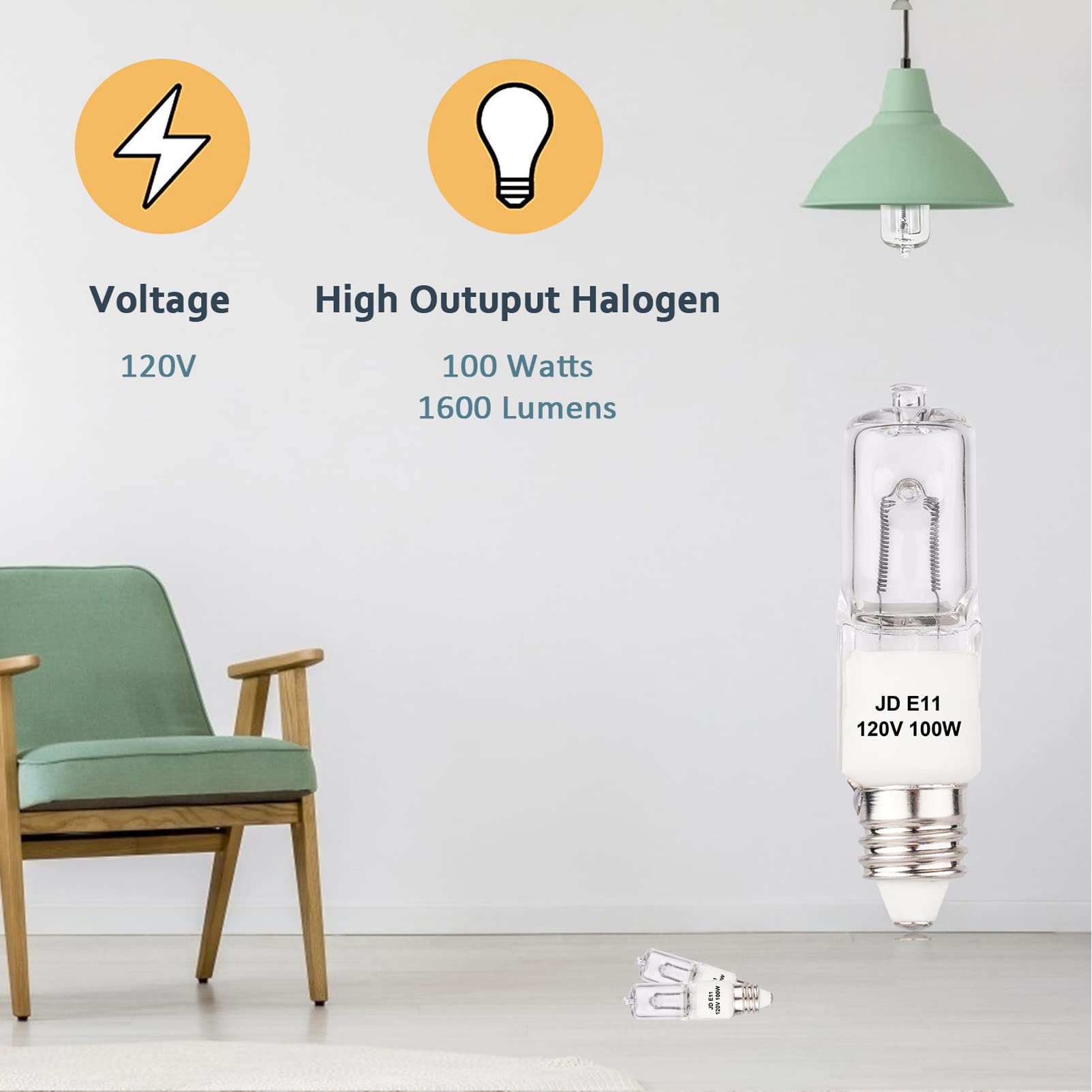 XBOCMY 4 Pack JDE11 120V 100W Halogen Bulb Dimmable Warm White 1600lm T4 Mini Candelabra Base for Chandeliers, Ceiling Fan, Cabinet Lighting, Pendants, Table Lamps, etc.