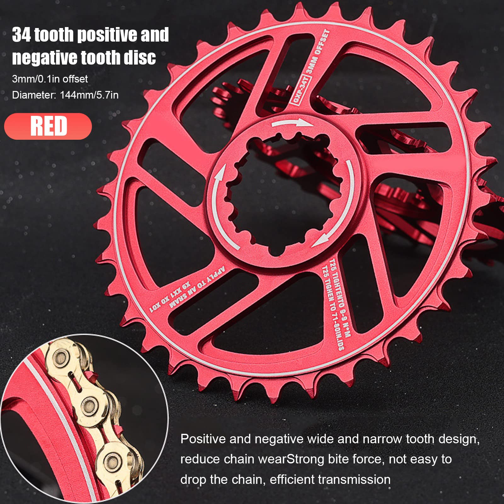 VGEBY Mountain Bike Chainring, 34T Oval Chainring Positive Negative Tooth 3mm Offset Fit for SRAM Direct Mount Chain Ring(red) Direct Mount Chainring