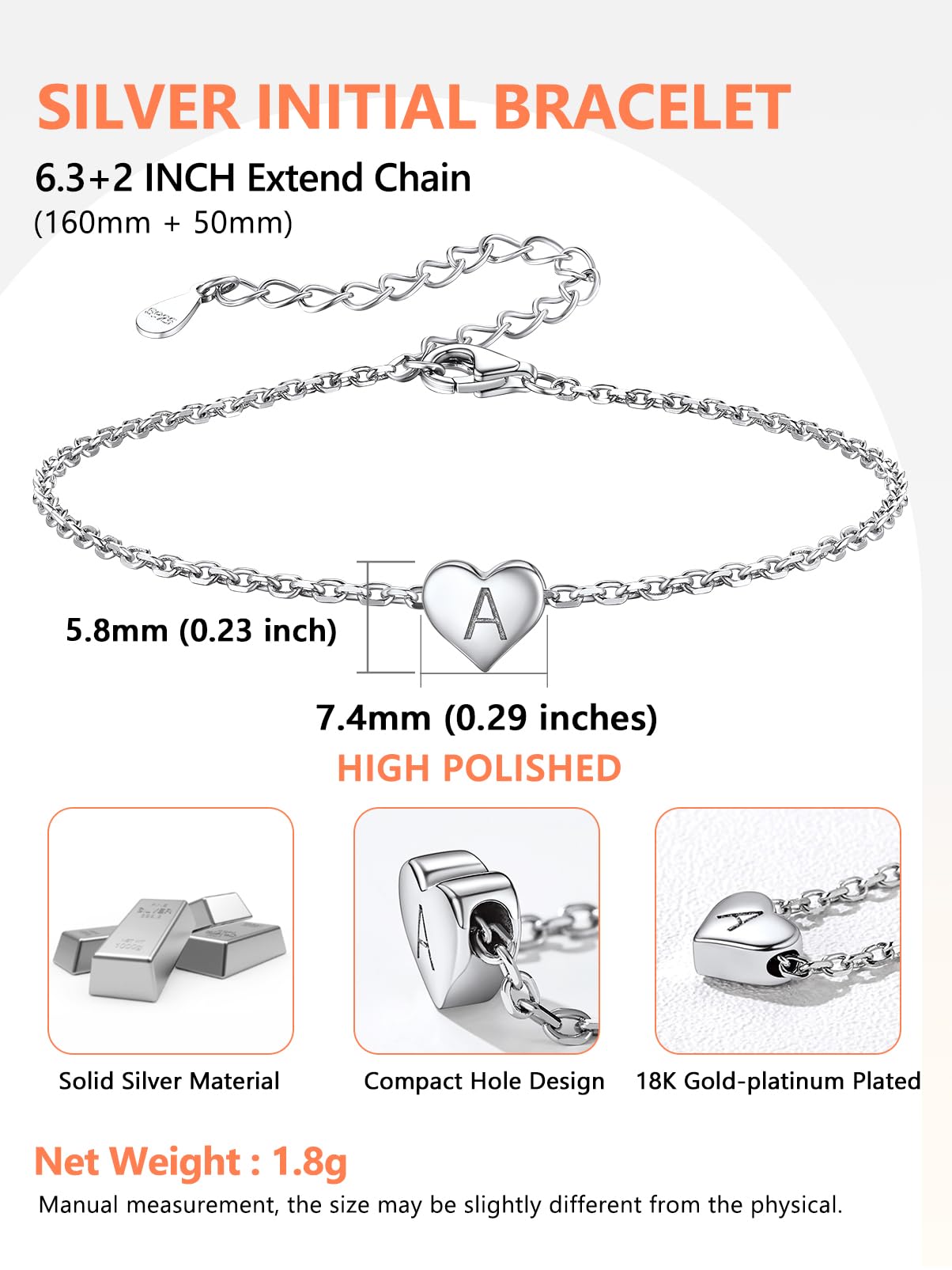 Sterling Silver Heart Letter A Bracelets Silver Initial 18K White Gold Plated Bracelet Initial Charm Women Bracelet Jewelry