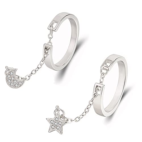 XCFS 2 Pack/Set Boho 925 Sliver Plated Cubic Zirconia Moon and Star Charms Chain Women Girls Adjustable Tassel Band Ring,Open Ring