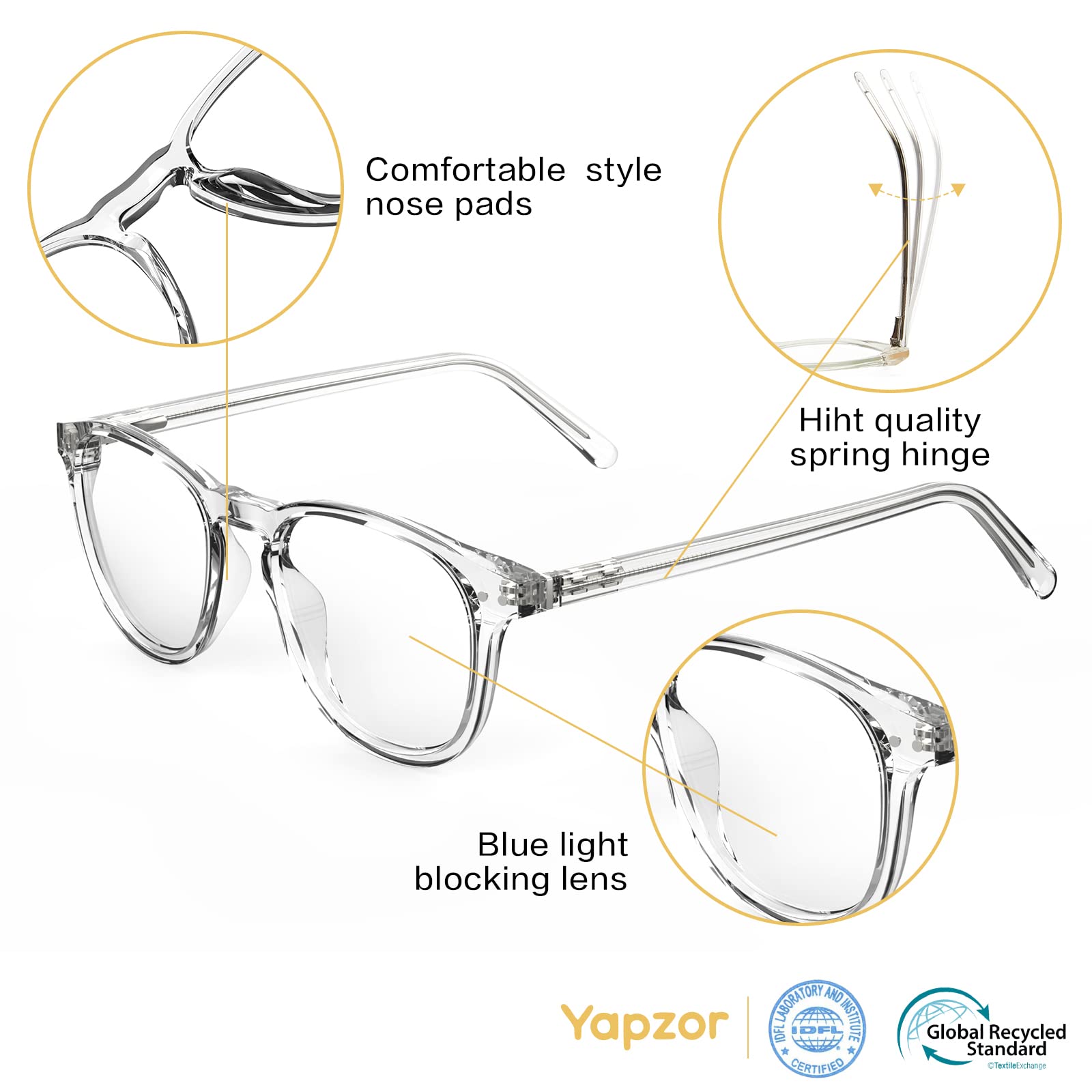 YAPZOR Blue Light Blocking Glasses Round Frame Anti Eyestrain Computer Gaming Glasses UV Ray Glasses for Women Men Crystal