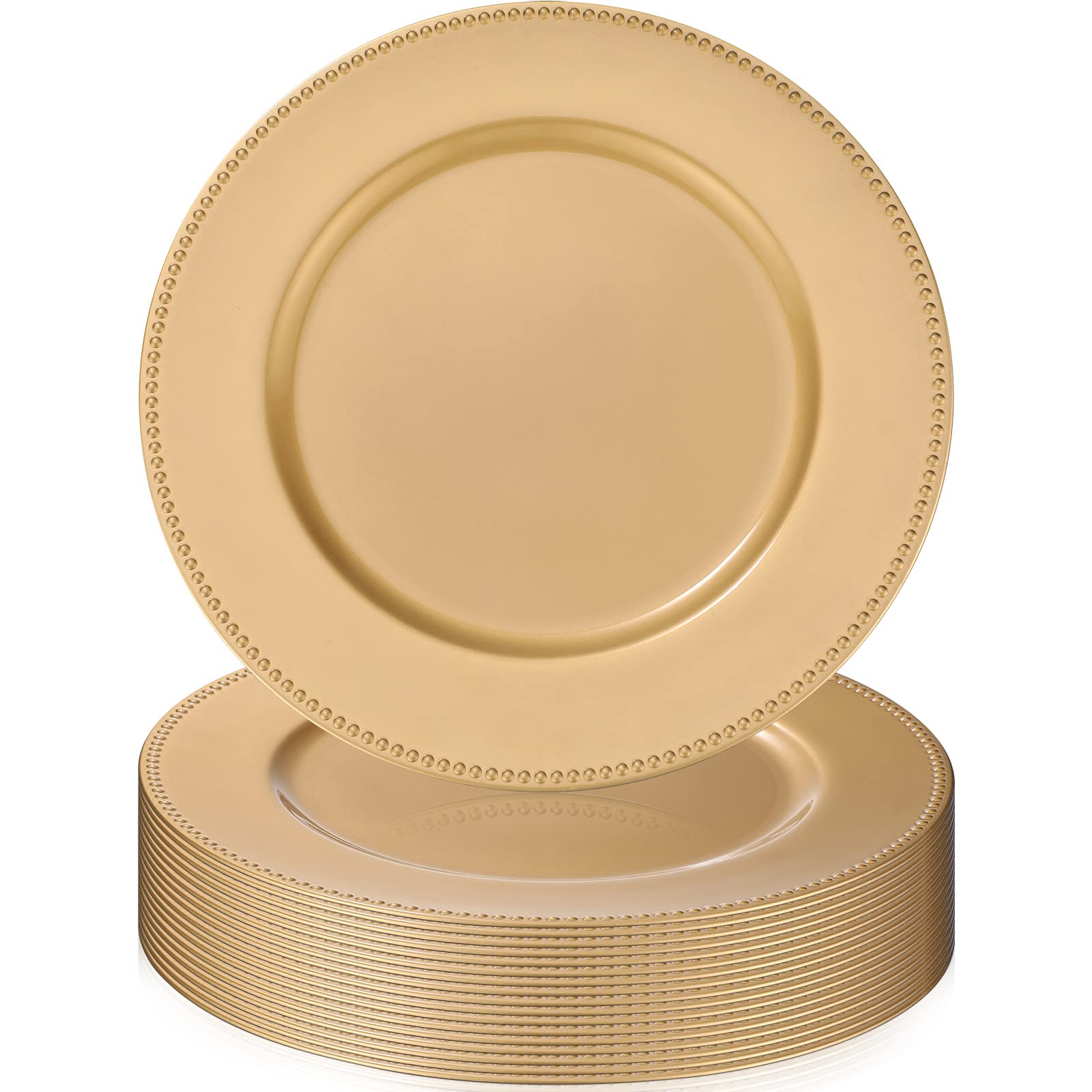 Zopeal 18 Pack Round Charger Plates Bulk 13 Inch Plastic Plate Chargers with Beaded Rim Disposable Dinner Charger Plates for Wedding Halloween Christmas Party Event Table Setting Decoration (Gold)