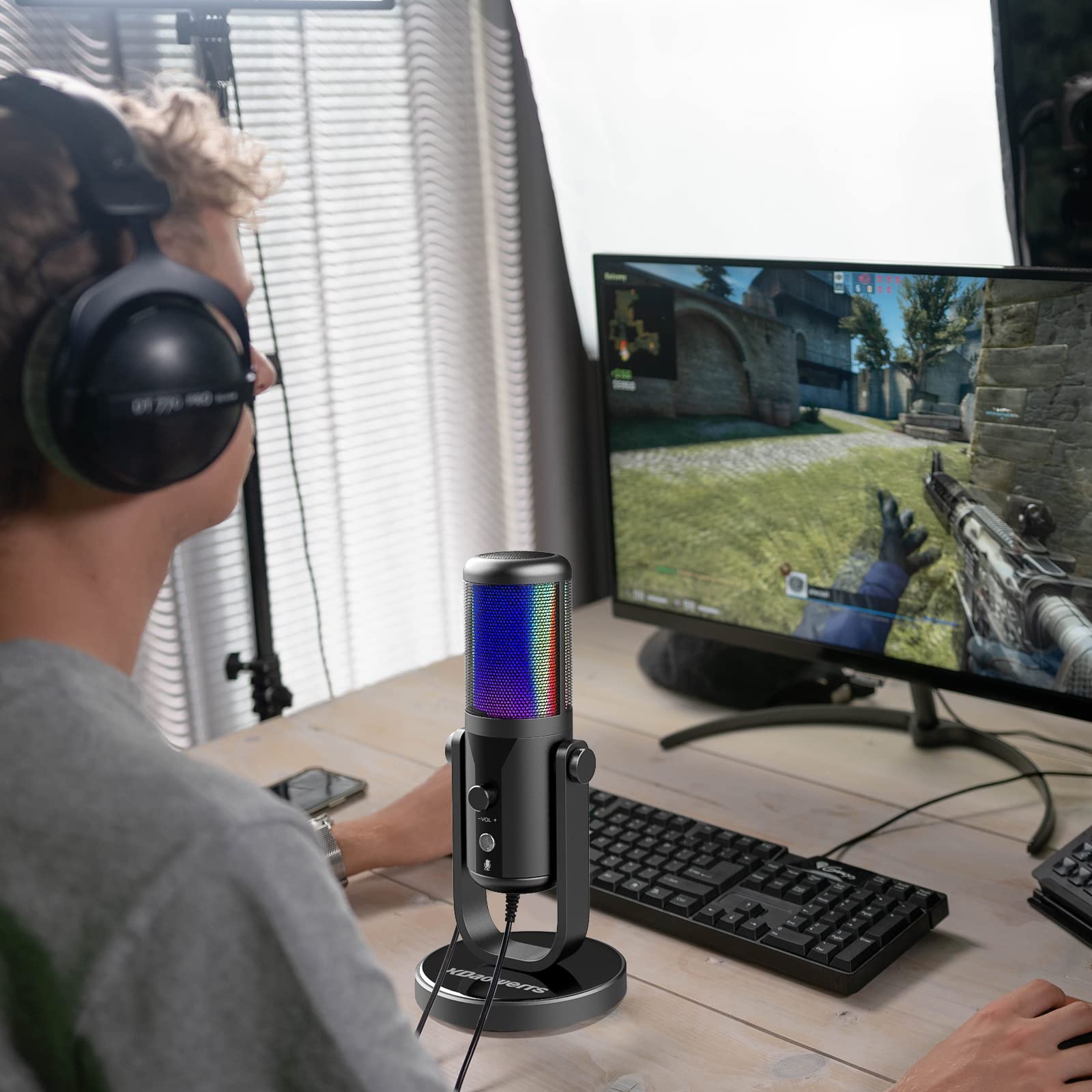 XDaowerrs Gaming RGB USB Condenser Microphone, 192KHZ/24Bit Plug & Play Mic for PC, PS4 and Mac, Cardioid Pickup Pattern, Quick Mute, Gain Control, Streaming, Podcasts, Twitch, YouTube, Discord