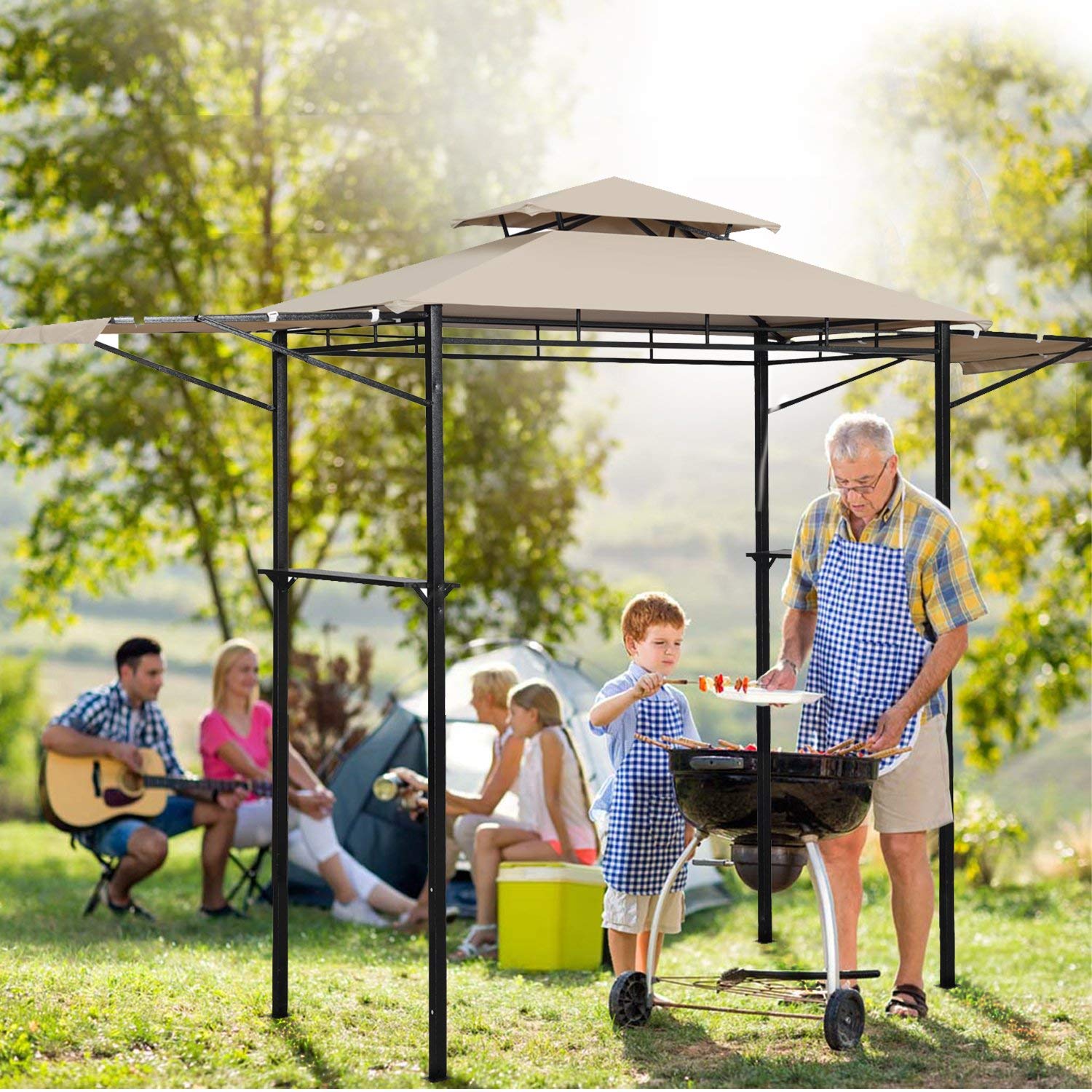 Outdoor BBQ Grill Gazebo 13.5ft - 2-Tier Soft Top Canopy Tent for Patio Brown