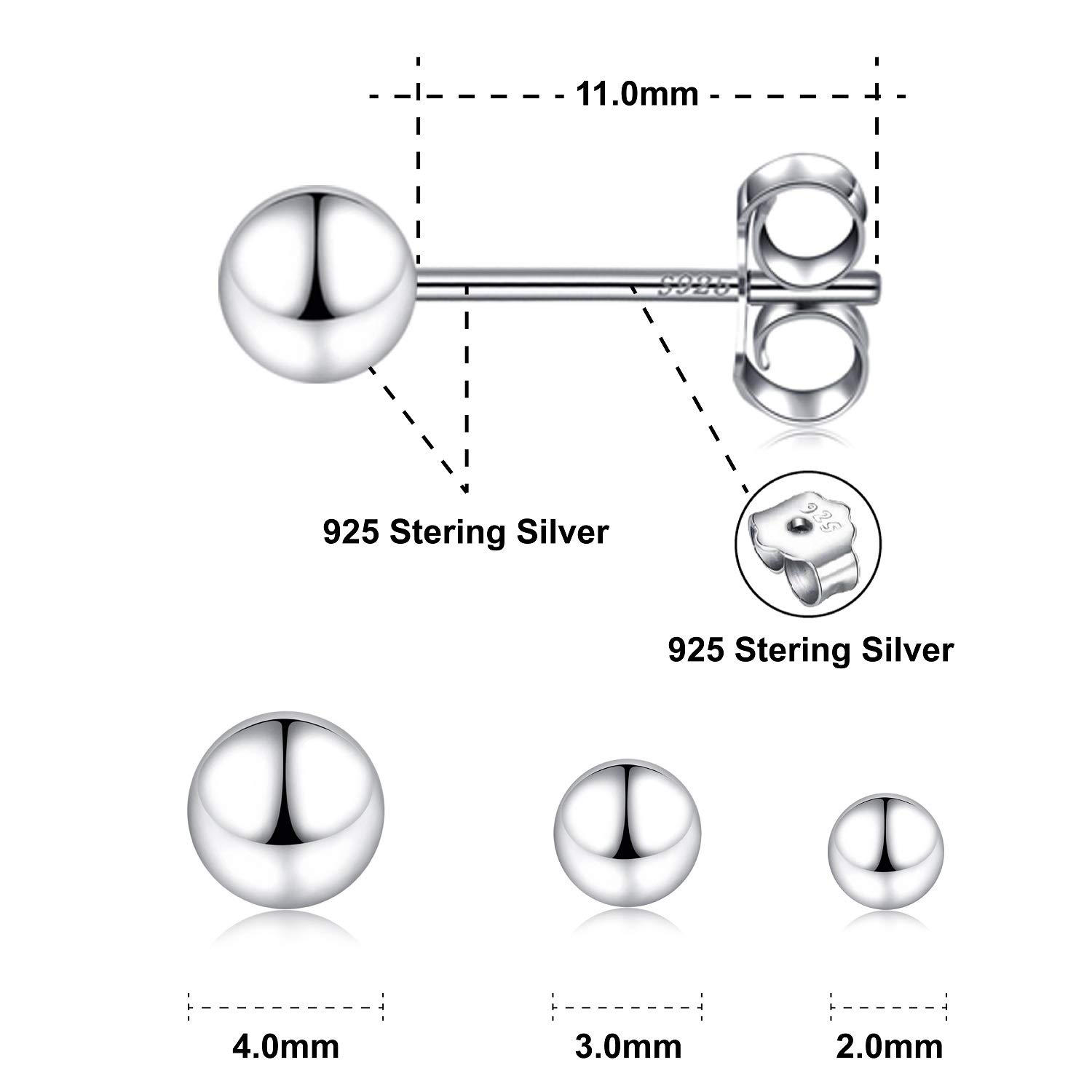 Sterling Silver Ball Stud Earrings Set of 3 Pairs 2mm 3mm 4mm Tiny Balls Earring Hypoallergenic Jewelry (Silver)