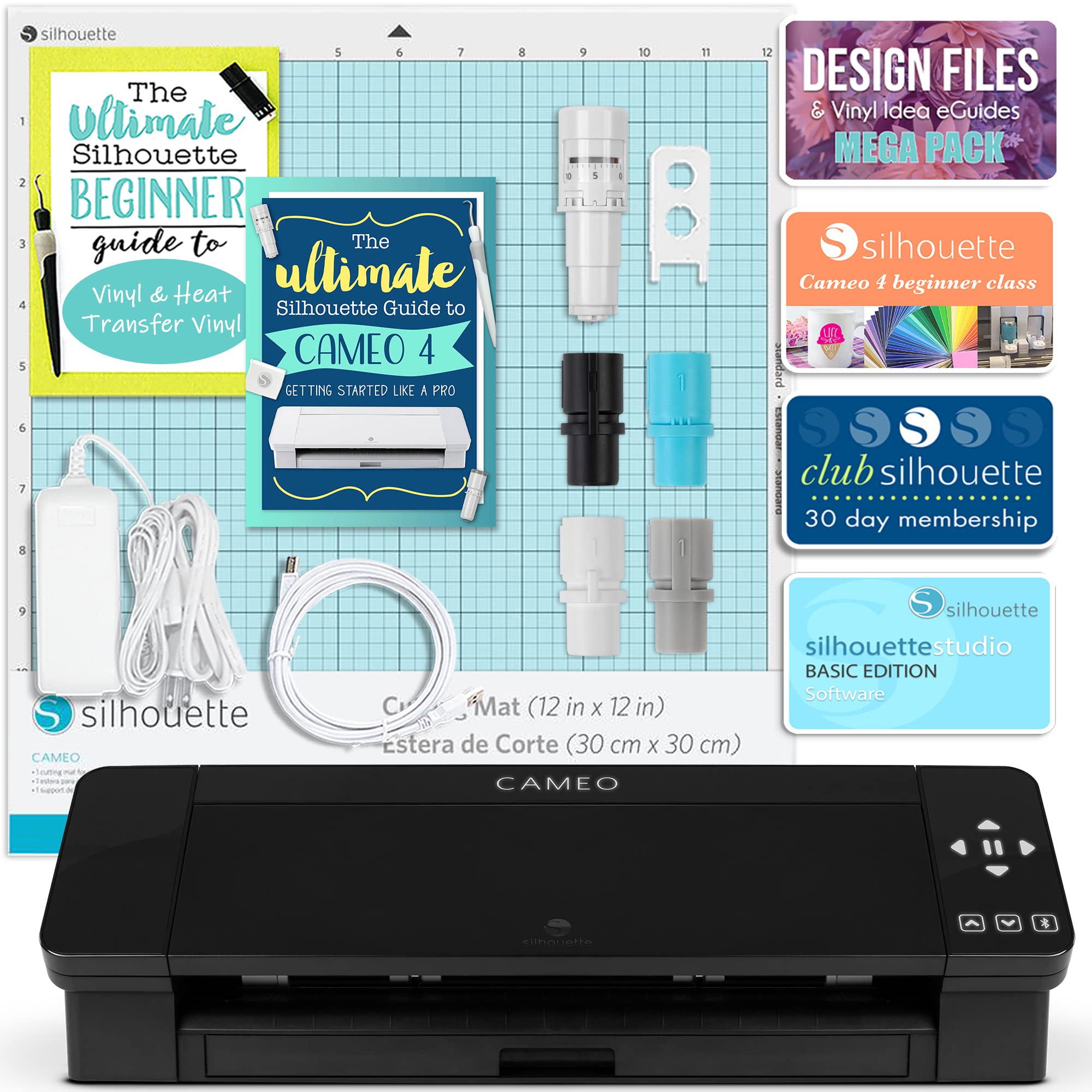 Silhouette Black Cameo 4 Starter Bundle with 38 Oracal Vinyl Sheets, T-Shirt Vinyl, Transfer Paper, Class, Guides and 24 Sketch Pens