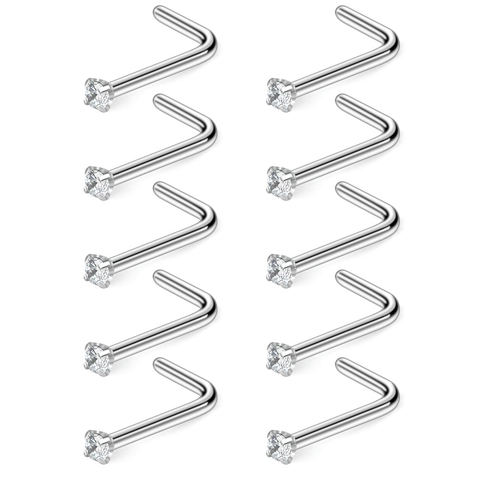 Ruifan 10PCS 20G Surgical Steel Clear Diamond CZ Nose Stud Rings L Shaped Piercing Jewelry 1.5mm