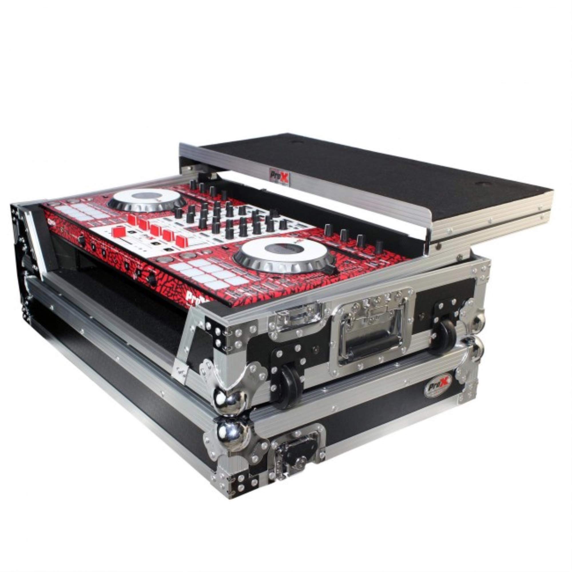 ProX Flight Case for Pioneer DJ DDJ-SX,RX & Denon MCX7000 With Sliding Laptop Shelf, LED Lights and Wheels - Silver on Black Design - XS-DDJSX WLT LED