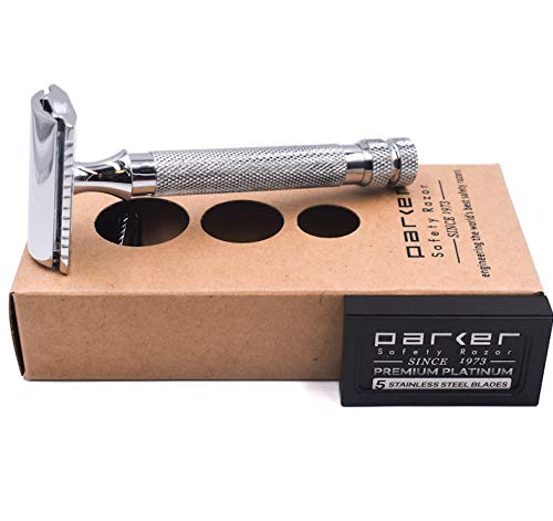 Parker 91R Double Edge Safety Razor – Three-Piece Heavyweight Safety Razor with Brass Frame & Chrome Plated Knurled Handle –5 Premium Parker Platinum Double Edge Razor Blades Included