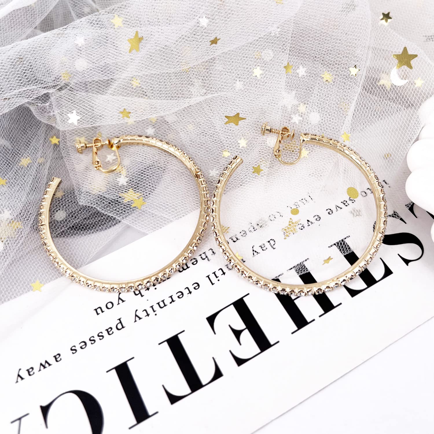 XGALBLA Circle Hoop Earrings Clip On Earrings Silver Tone Austrian Crystal Non Pierced Hoop Earrings 1.57 inch Hoop Earrings