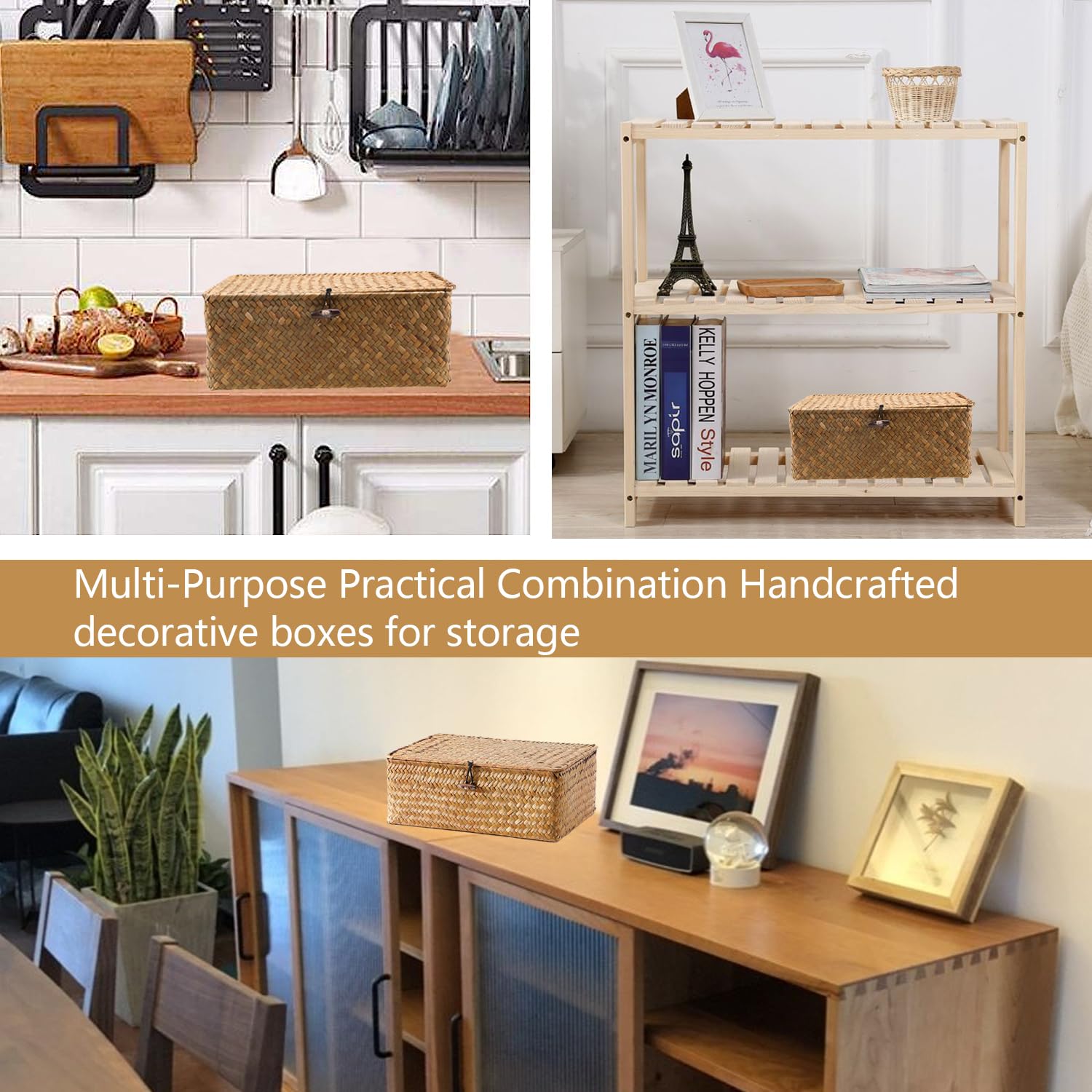 Shelf Baskets Rattan Storage Basket with Lid Handwoven Seagrass Basket Multipurpose Organizer for Snack Toys Rectangular Household Basket for Shelf Wardrobe 23x13x8cm