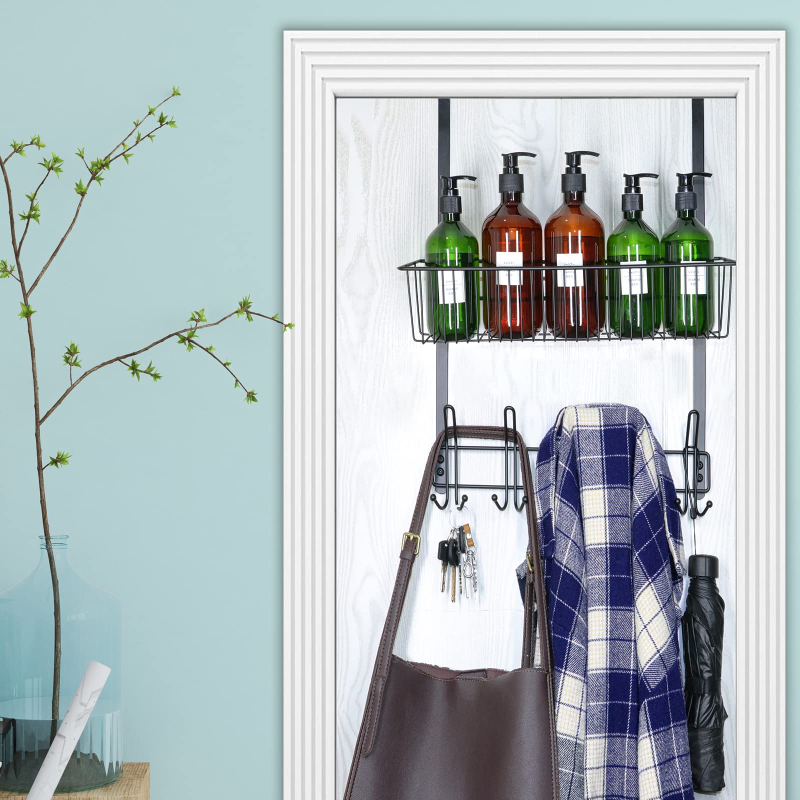 REFLYING Over The Door Hook Hanger 15 Shelf Organizer Hanger Hooks with Mesh Basket Storage Rack,Door Hooks for Hanging Coats,Wire Basket for Home Storage Organizer